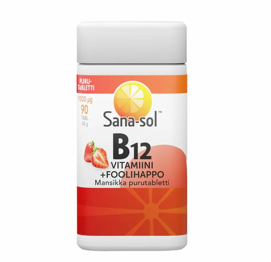 Пищевая добавка Sana-sol B12-vitamiini + Foolihappo Mansikka со вкусом клубники с витамином В12 + Фолиевой кислотой, 90 таб. (Дания)