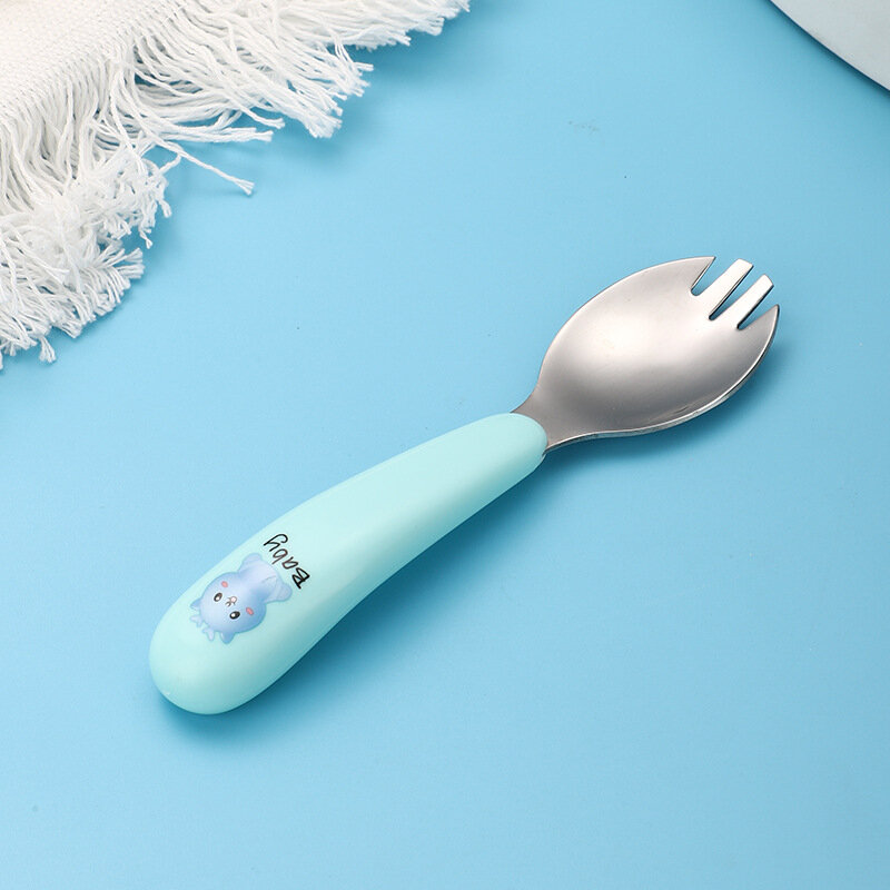 Вилка из нержавеющей стали 304 для обучения малышей, зеленая с закругленной ручкой, прочная посуда