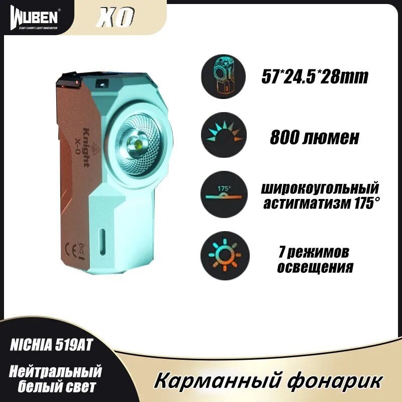 Фонарь WUBEN X-0, 800 люмен, ручной фонарь с нейтральным белым светом, карманный фонарик 57*24.5*28mm
