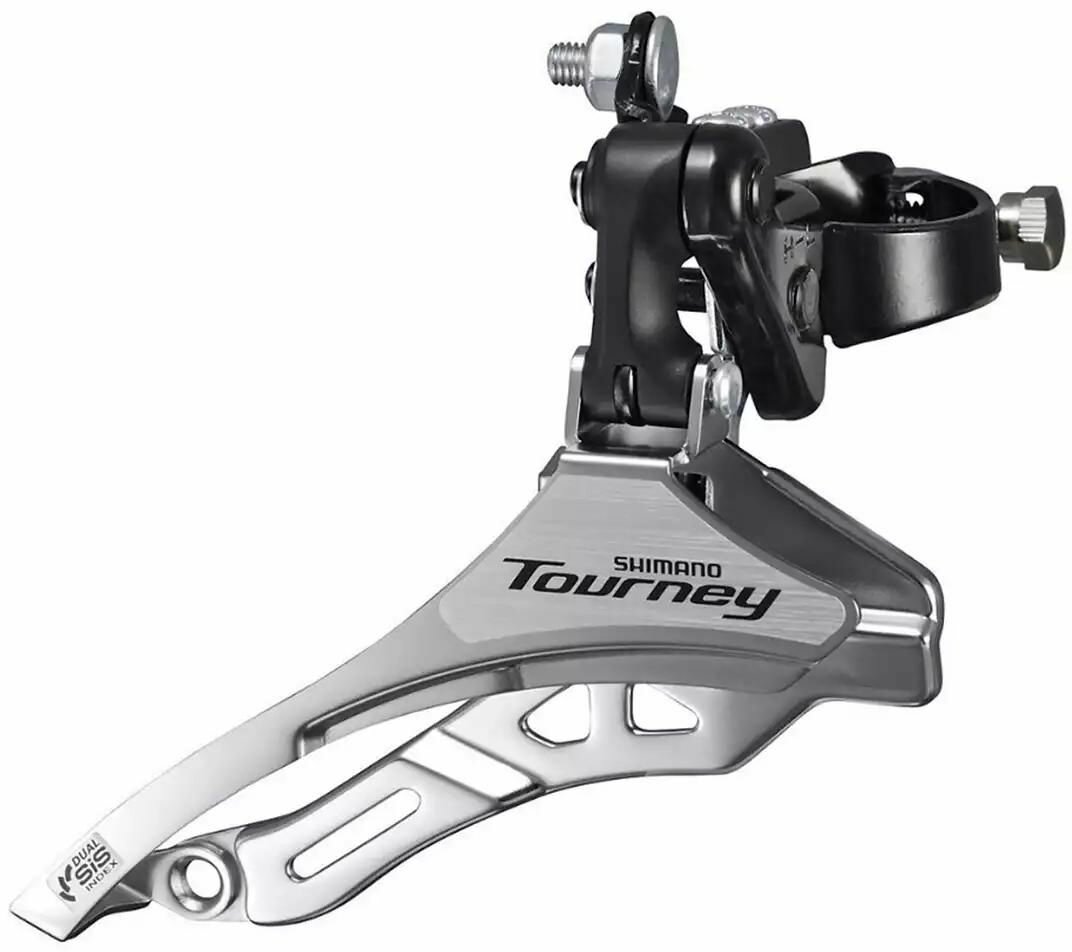 Переключатель скоростей Shimano Tourney TY300, передний, 3х7/6 скоростей, 42T, нижняя тяга, диаметр хомута 31.8 мм, угол 66-69 градусов