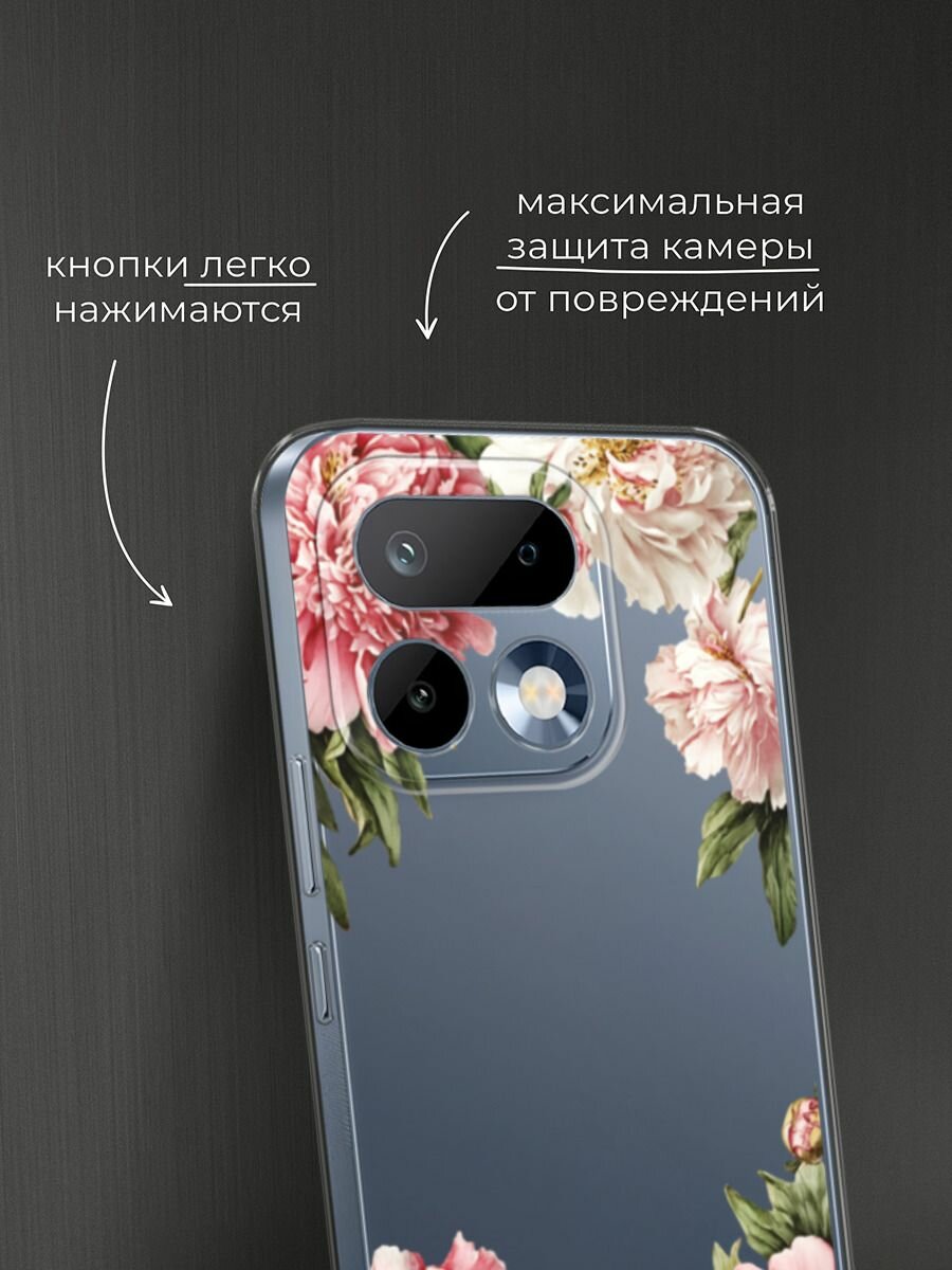 Чехол на Realme 16 Pro / Реалме 16 Про с принтом Нежная рамка пионов, прозрачный — фото 1