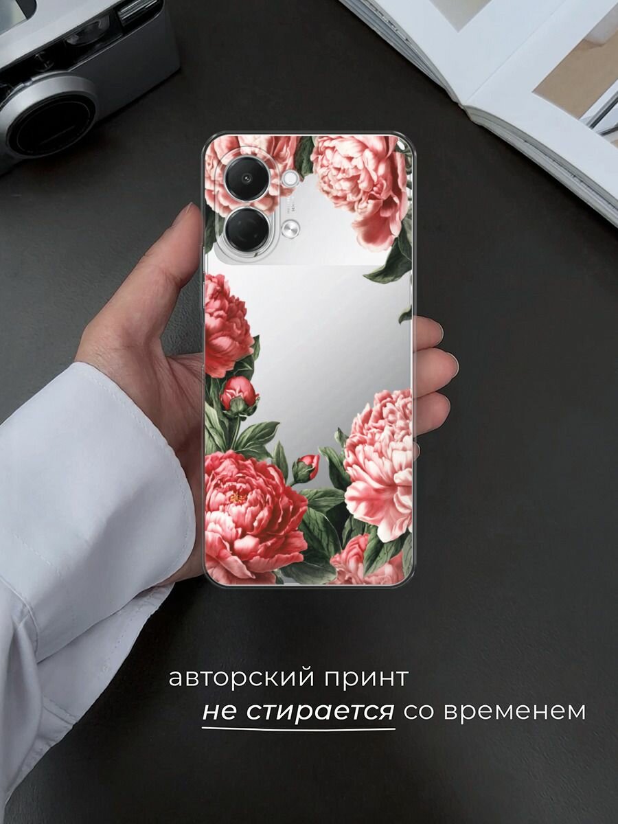 Чехол на Tecno Spark Go 3 / Текно Спарк Го 3 с принтом Яркая рамка пионов, прозрачный — фото 1