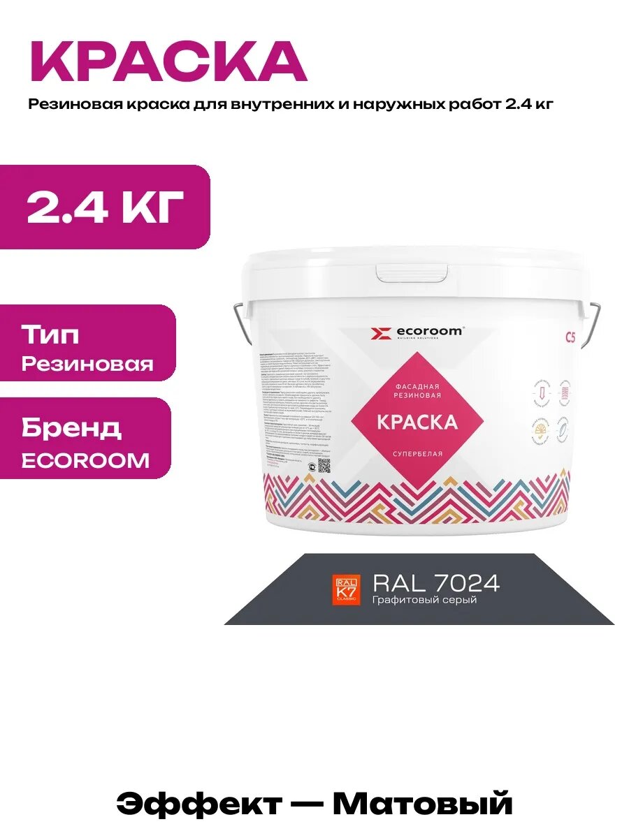 Краска резиновая матовая без запаха графитовый серый 2.4 кг