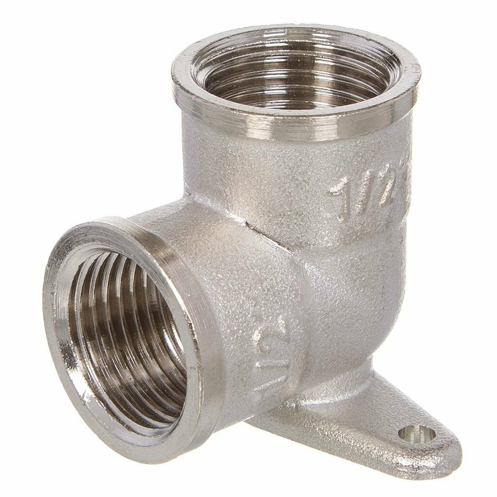 Уголок РосТурПласт 1/2 дюйма 90 градусов с креплением, никелированный латунный фитинг для водоснабжения и отопления