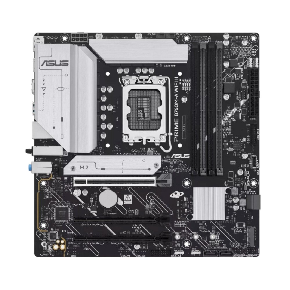 Материнская плата ASUS PRIME B760M-A WIFI II (Socket1700, mATX, 4xDDR5(256GB), DP/HDMI, 1xPCIe 5.0x16/2xPCIe 4.0x16, 1xLAN (2.5GbE), Wi-Fi, BT, 4xSATA 6Gb/s, 2xM.2, 2xUSB 3.2, 4xUSB 2.0)