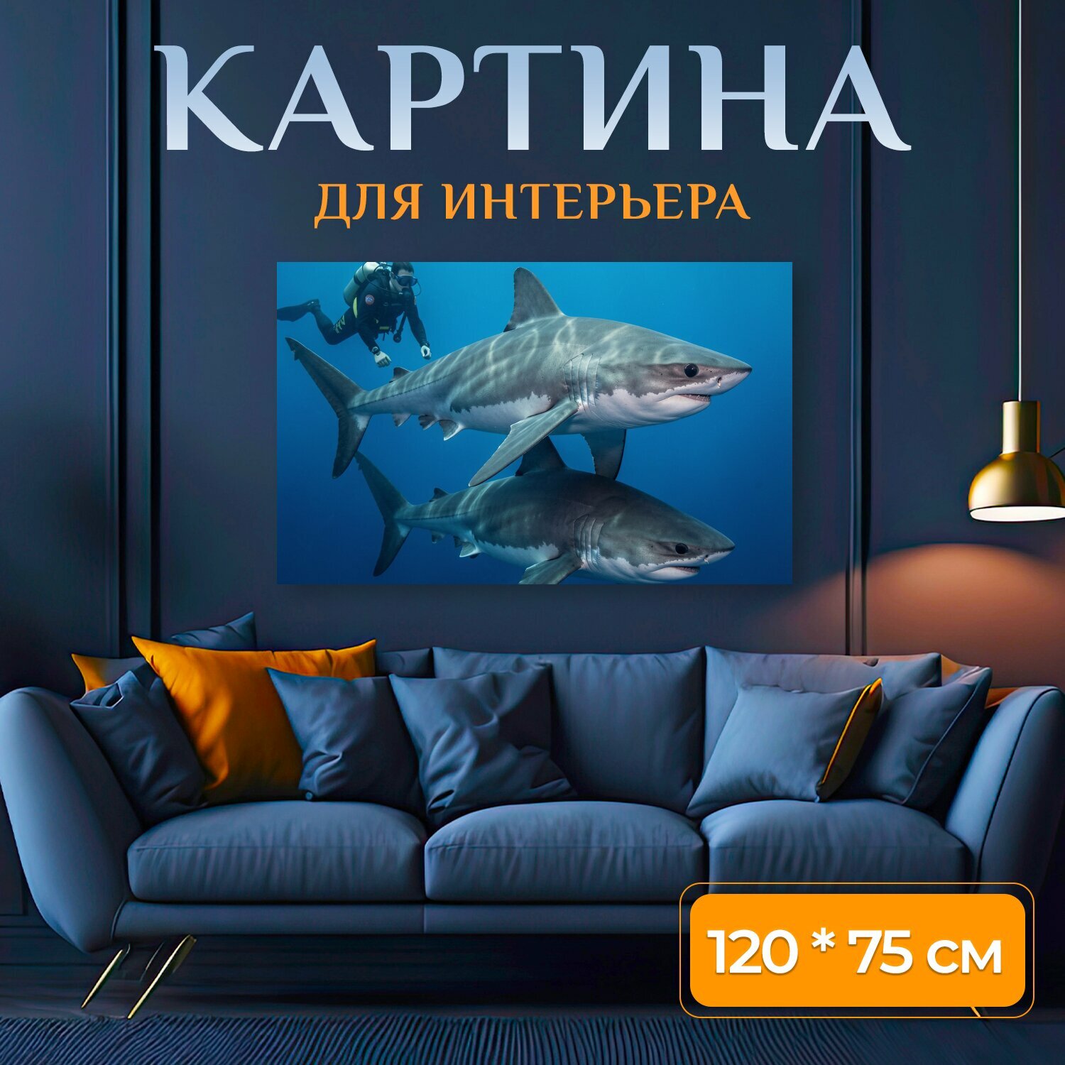 Картина на холсте "Дайвер рядом с акулами. Подводная сцена с аквалангистом и двумя крупными морскими хищниками в прозрачной синей воде." на подрамнике 120х75 см. для интерьера