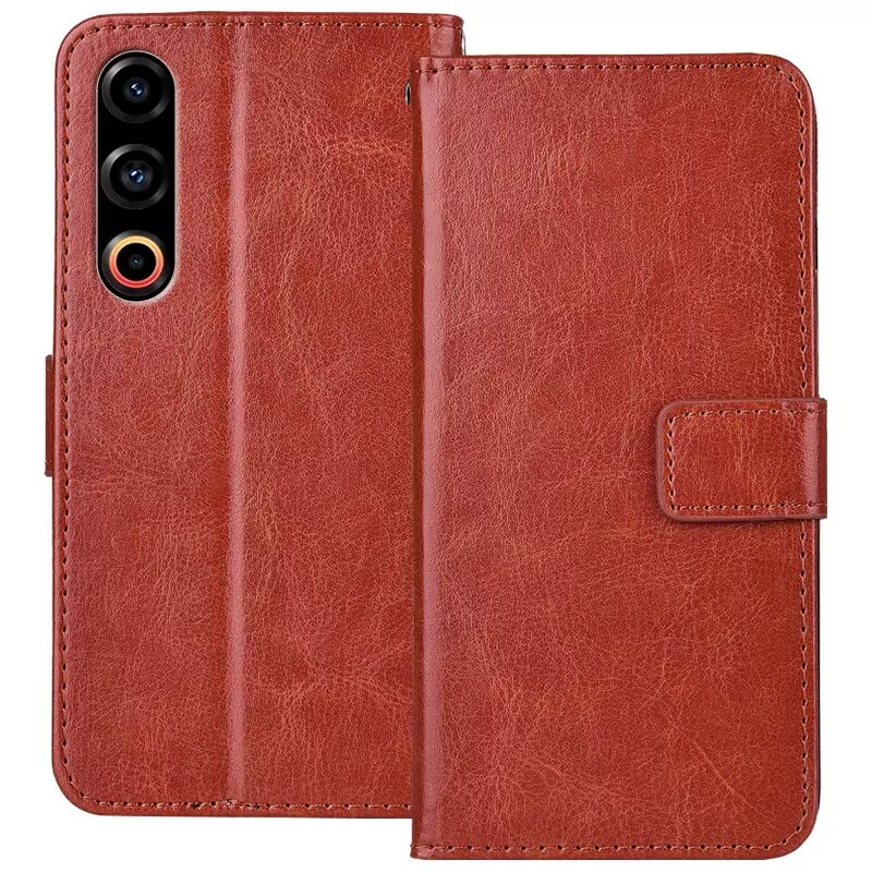 Чехол Meizu 21 с откидной подставкой, мягкая кожа, полная защита, карман для карт, противоударная защита в коричневом