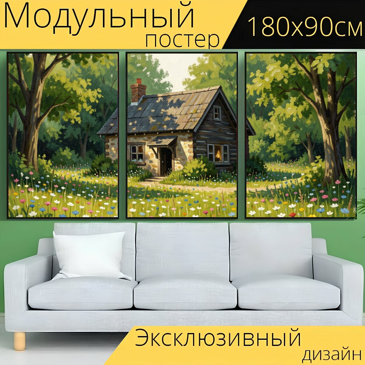 Модульный постер "Лесной домик среди полевых цветов. Уютная деревенская избушка в солнечной зеленой чаще, вокруг разнотравье и яркие." 180 x 90 см. для интерьера на стену в тубусе