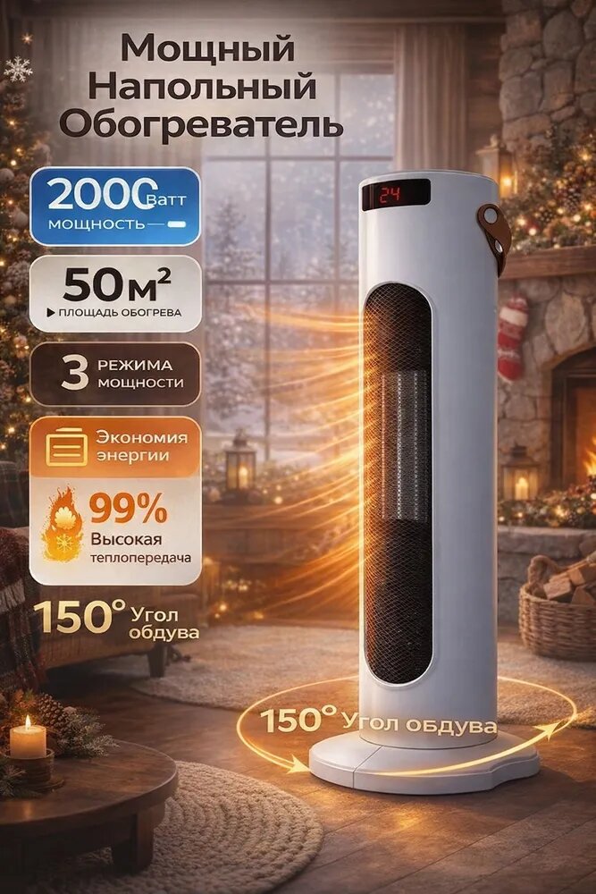 Тепловентилятор напольный для дома, 2000вт, 50кв. мТепловентилятор белый Тепловентилятор