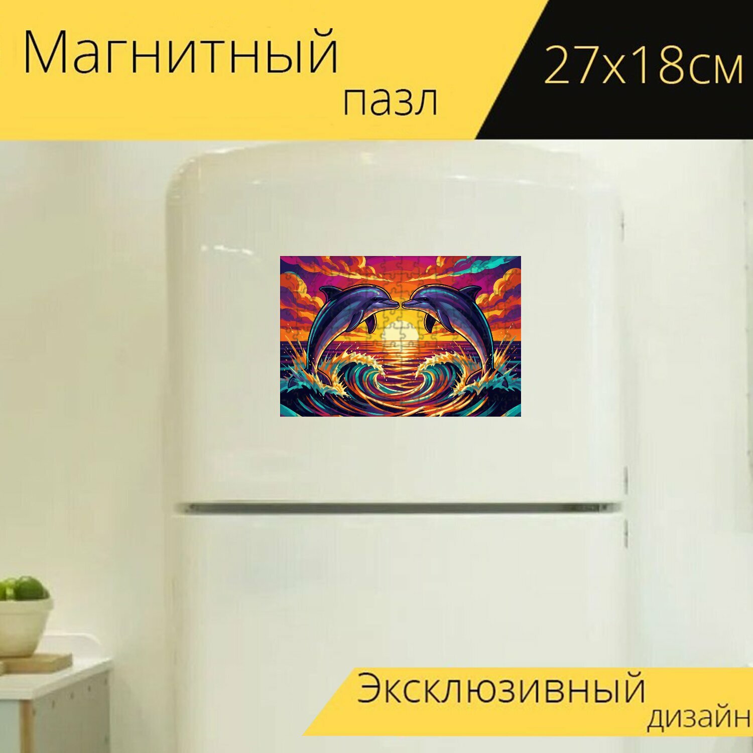 Магнитный пазл "Дельфины на закате у океана. Яркая неоновая иллюстрация с двумя морскими дельфинами, прыгающими над волнами на фоне огненного заката." на холодильник 27 x 18 см.