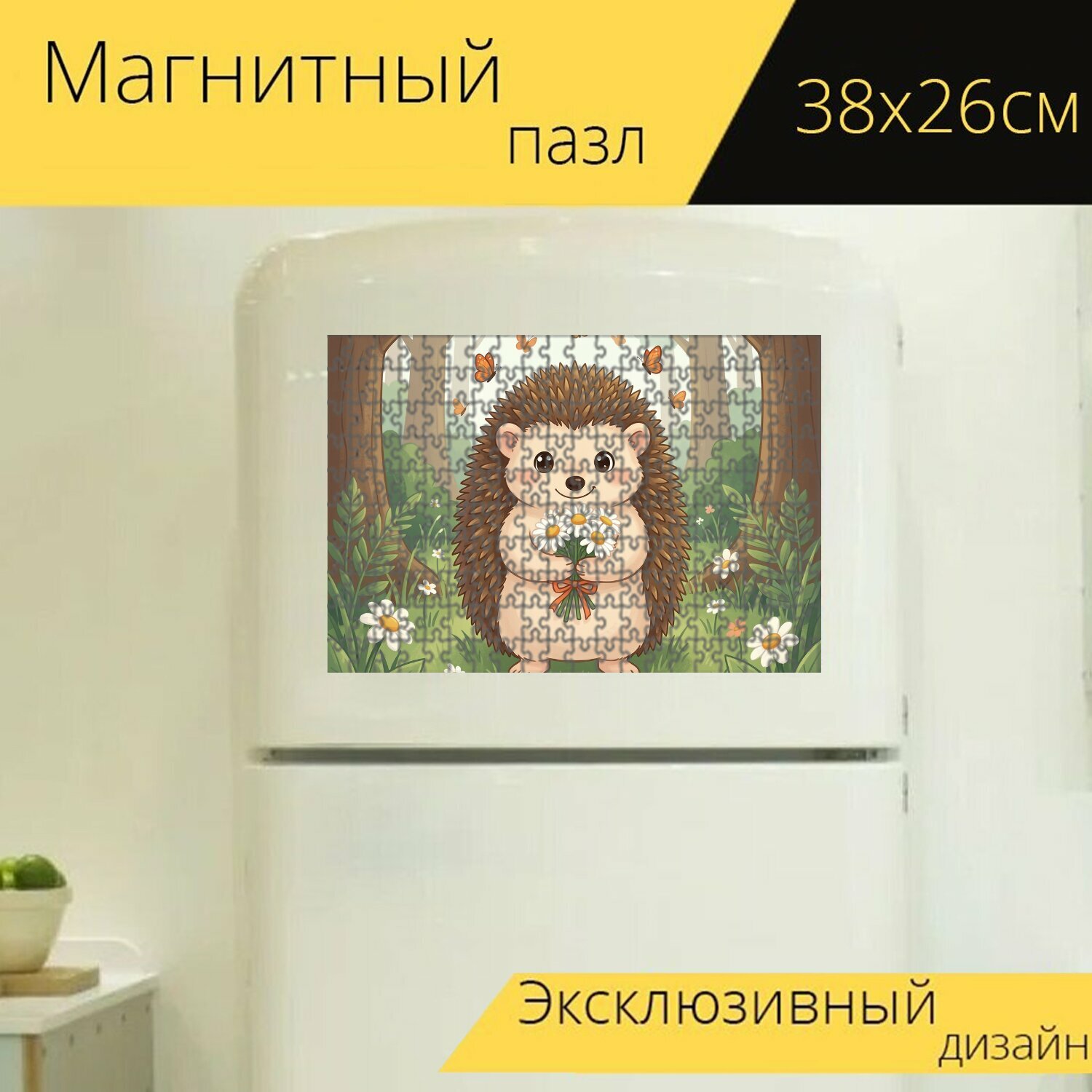 Магнитный пазл "Ежик с букетом ромашек. Милый лесной зверёк в мультяшной иллюстрации держит нежные полевые цветы среди зелени и бабочек. Мягкие пастельные." для интерьера, 38х26 см.
