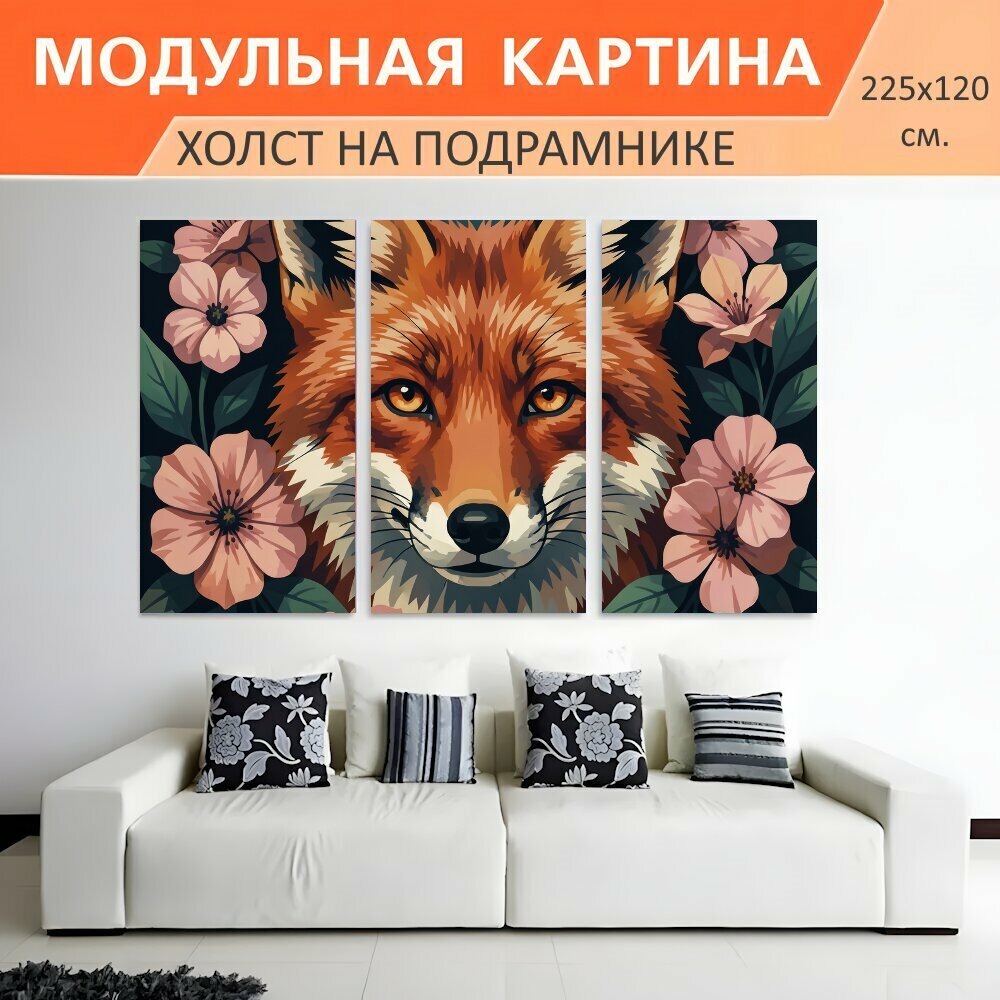 Модульная картина на холсте "Лиса среди розовых цветов. Художественная иллюстрация с рыжей лисой в окружении нежных розовых цветов и." триптих на подрамнике 225х120 см. для интерьера
