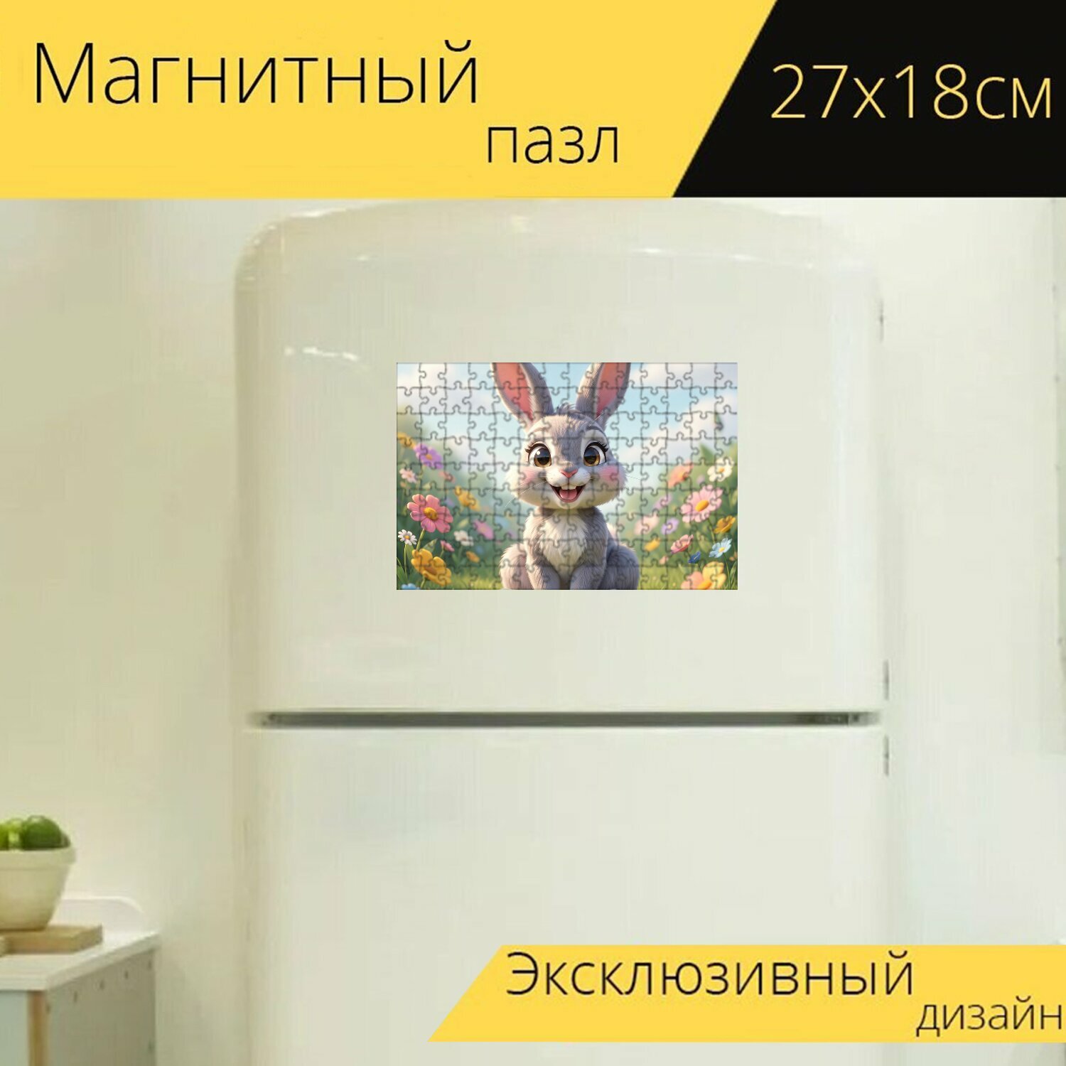 Магнитный пазл "Милый веселый мультяшный зайчик" на холодильник 27 x 18 см.