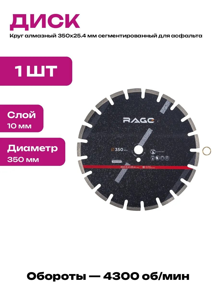 Диск алмазный по свежему бетону и асфальту 350 мм рез сухой