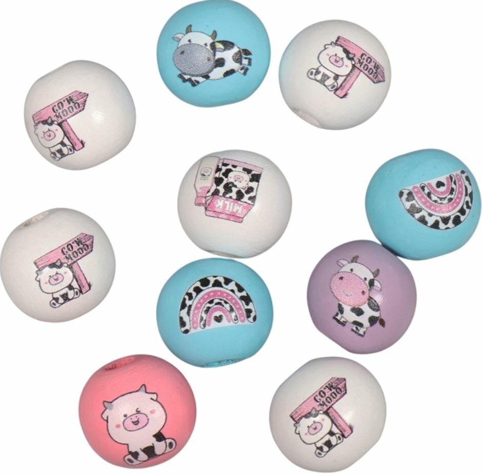 Бусины деревянные пришивные 16 мм "Милые коровки" для творчества, набор бусинок для рукоделия и украшений, бусинки с рисунком - 10 штук