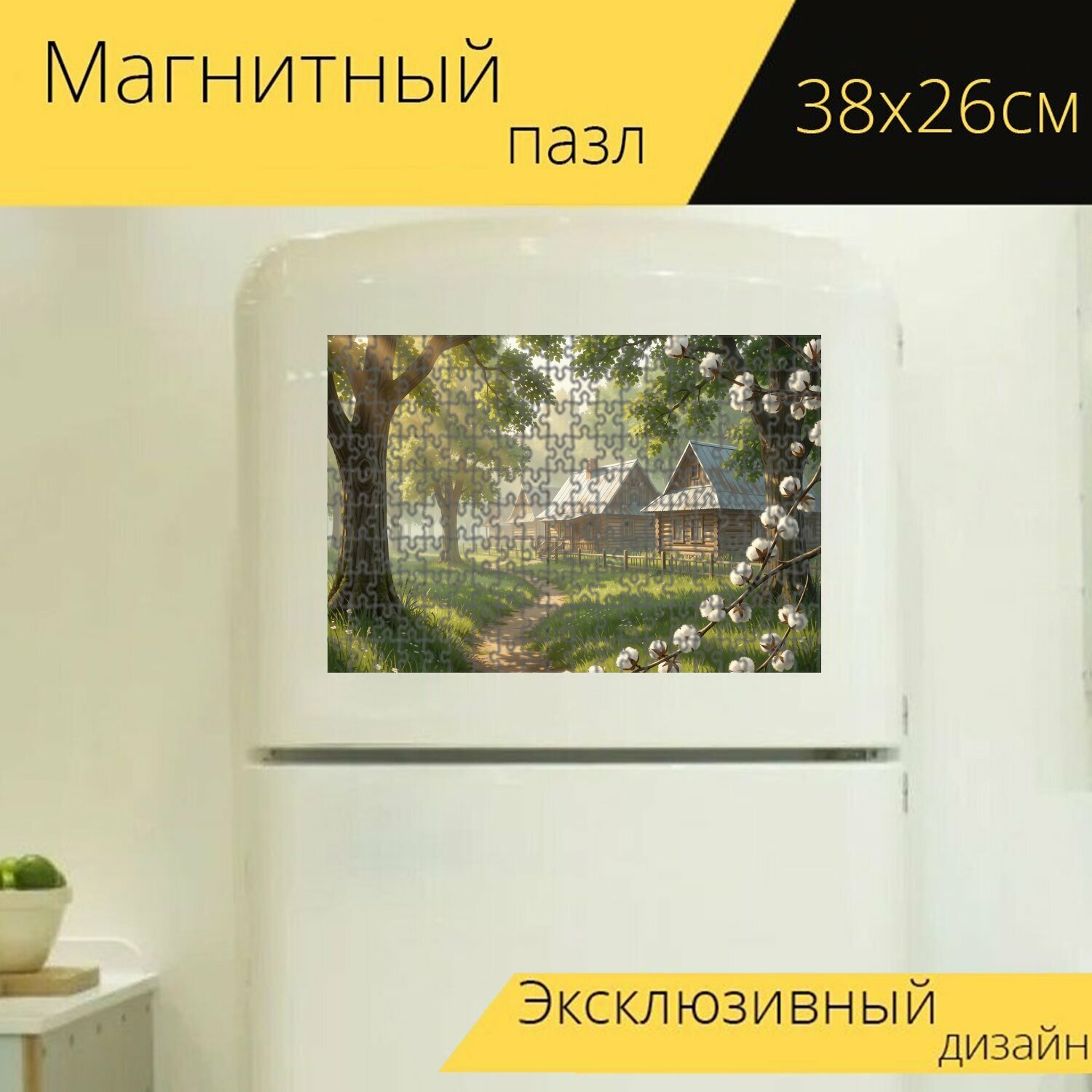 Магнитный пазл "Деревенские дома в солнечном лесу. Уютная летняя сцена с деревянными избами среди высоких деревьев, лучами утреннего света и тропинкой в." для интерьера, 38х26 см.