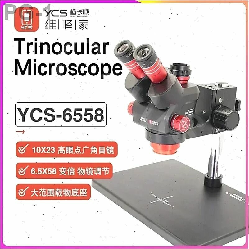 YCS 6558 6558x Ultra HD тринокулярный микроскоп с увеличенным основанием 6.5-58 Zoom для мобильного телефона PCB микроскоп для пайки