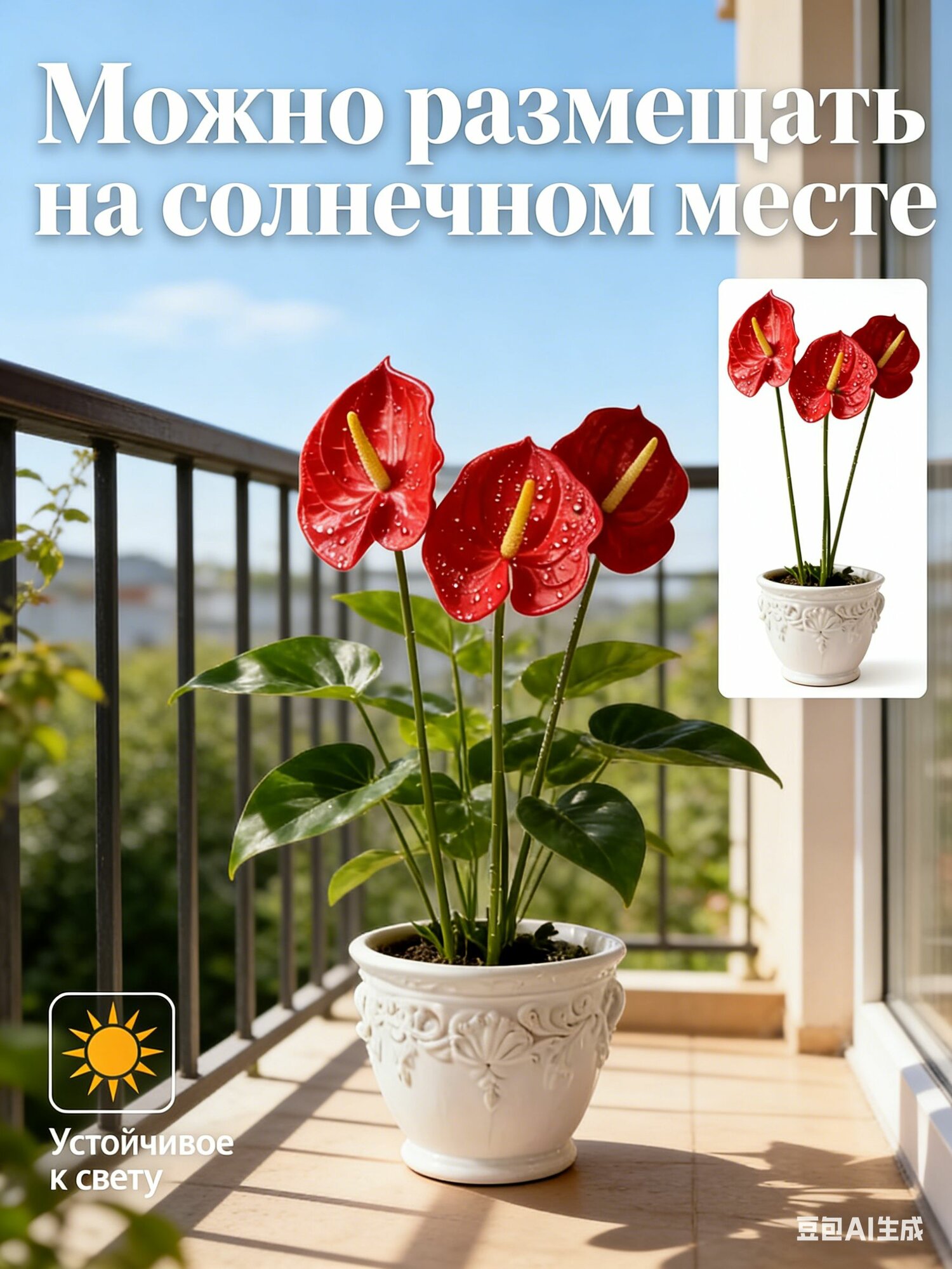 Искусственные антуриумы 3 шт, 3D-печать, прочный материал, не осыпаются, размер 12*13*50 см, для офиса