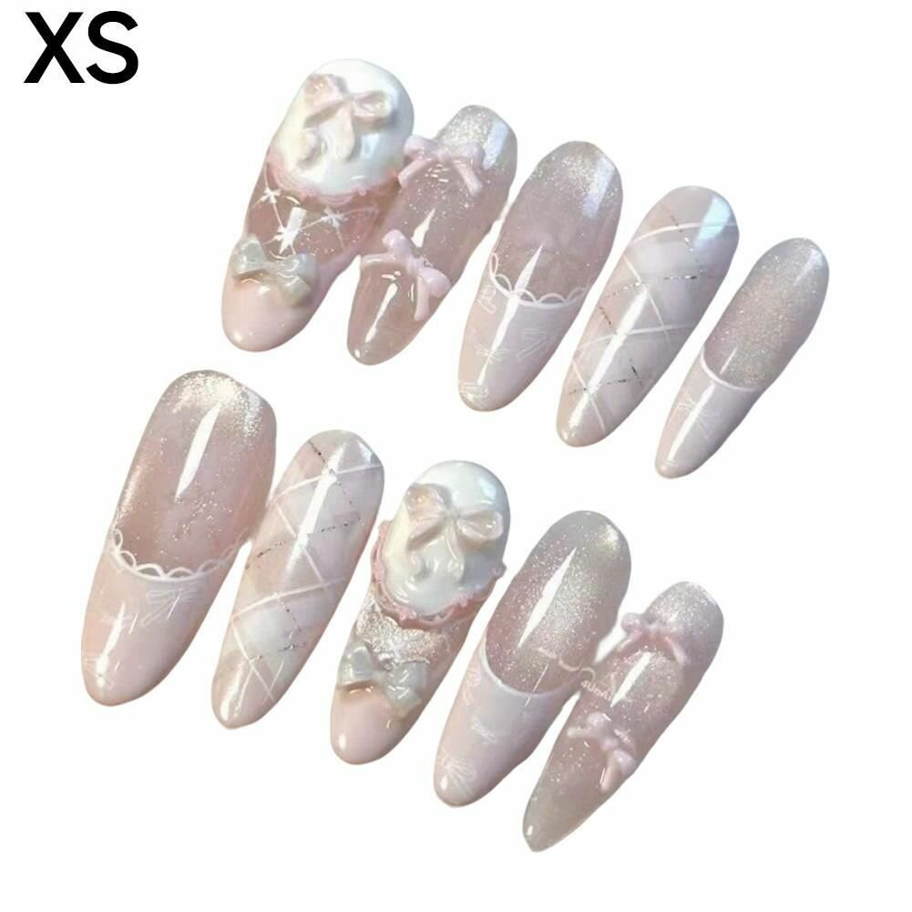 Миндальные типсы для ногтей, французский маникюр с кошачьим глазом, розовые бантики, прозрачная поверхность, 10 шт