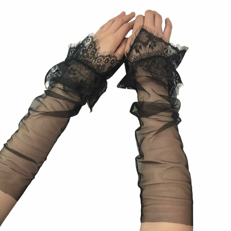 (1 пара) Длинные ажурные сетчатые перчатки - черный