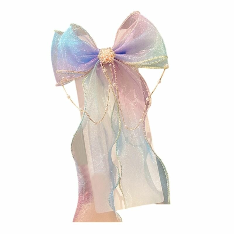 (1 шт.) Заколка для волос "Радужный бант" с лентами для кос и хвоста - сине-фиолетовая лента с бусинами