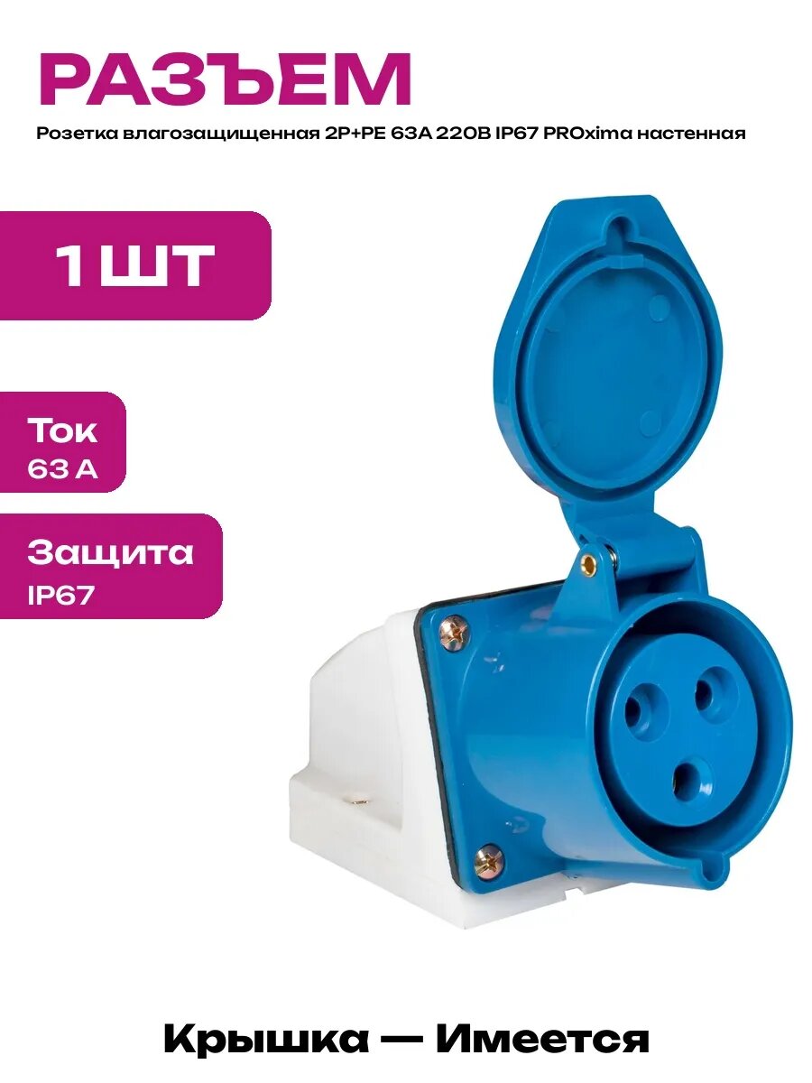 Розетка 2P+PE 63А 220В IP67 стационарная PROxima для монтажа