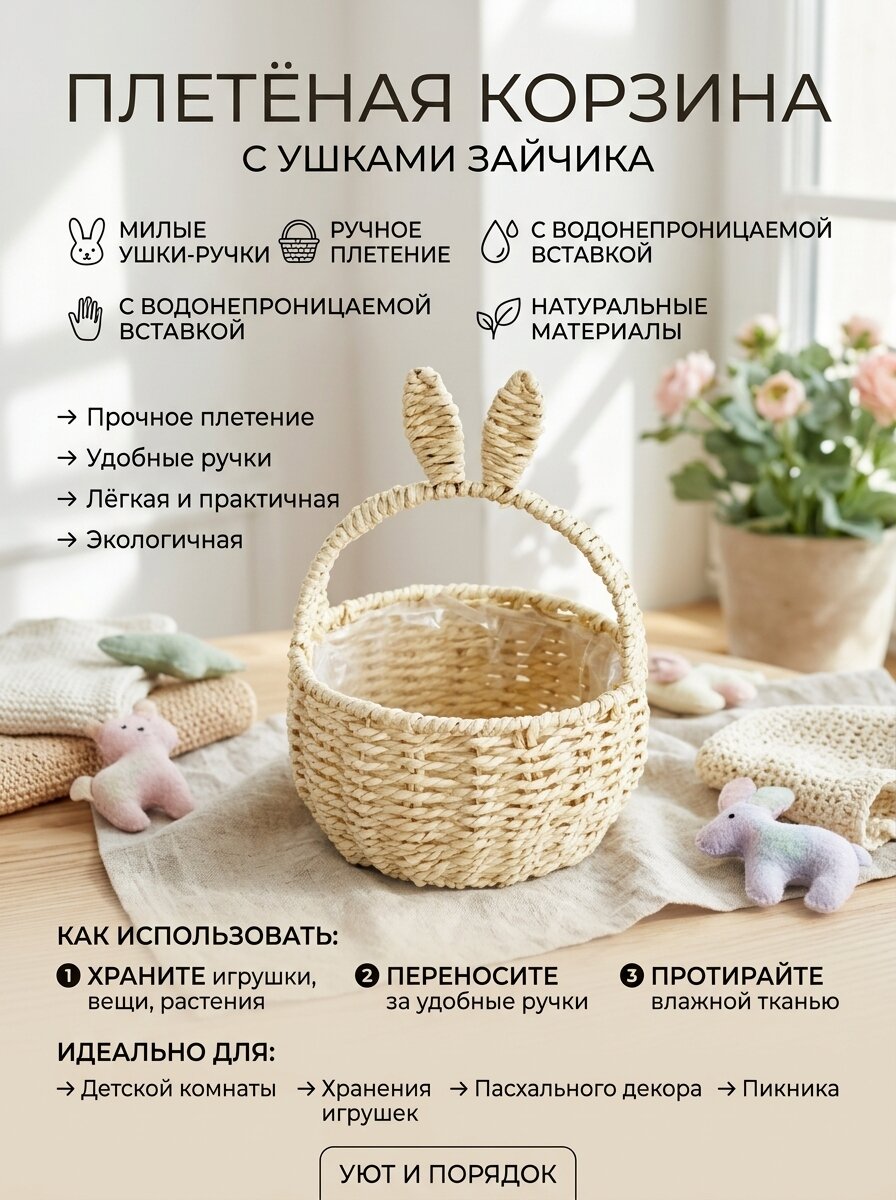 Ручная плетеная корзина с ушками кролика, пасхальная тематика