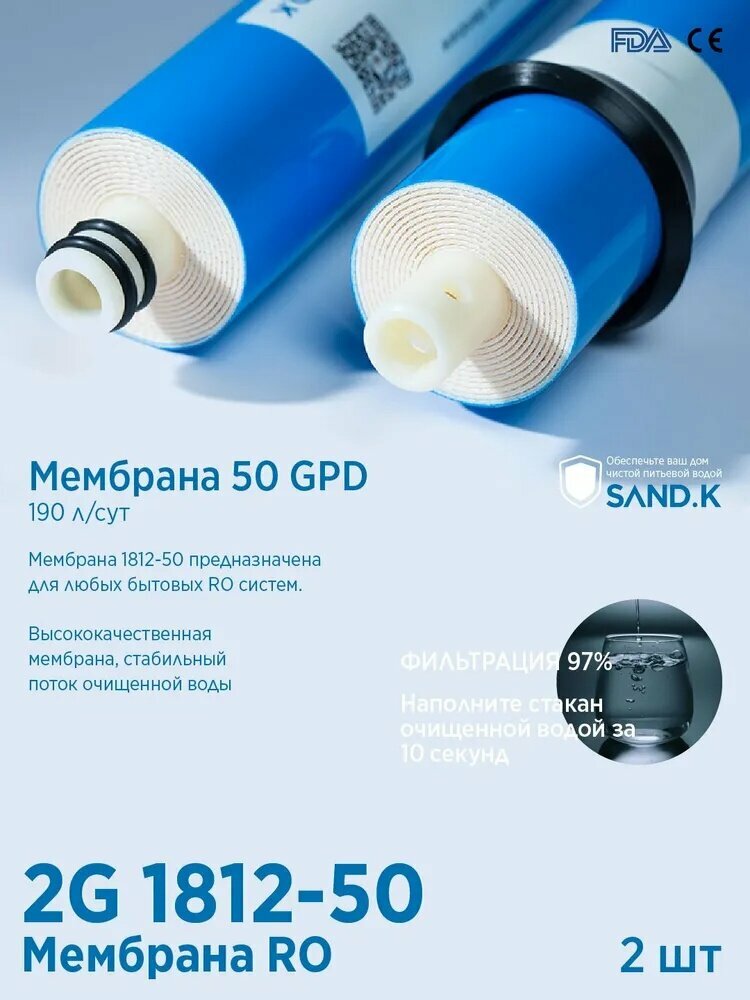 2 шт Обратноосмотическая (RO) мембрана для всех бытовых систем обратного осмоса. Размер 1812, производительность 50 GPD (190л/день).
