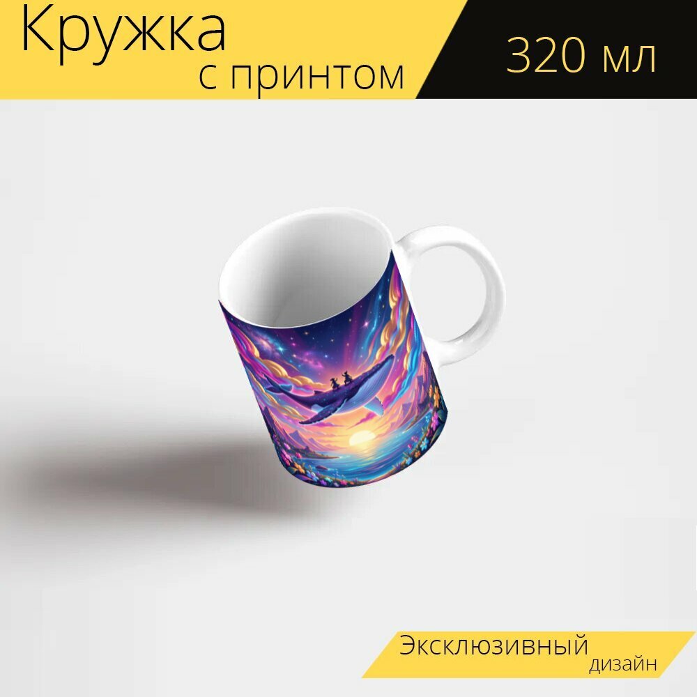 Кружка с рисунком, принтом "Космический кит над озером. Фантазийная сцена с светящимся морским гигантом, парящим в небе над горной долиной и водной гладью. Неоновые облака." 320 мл.