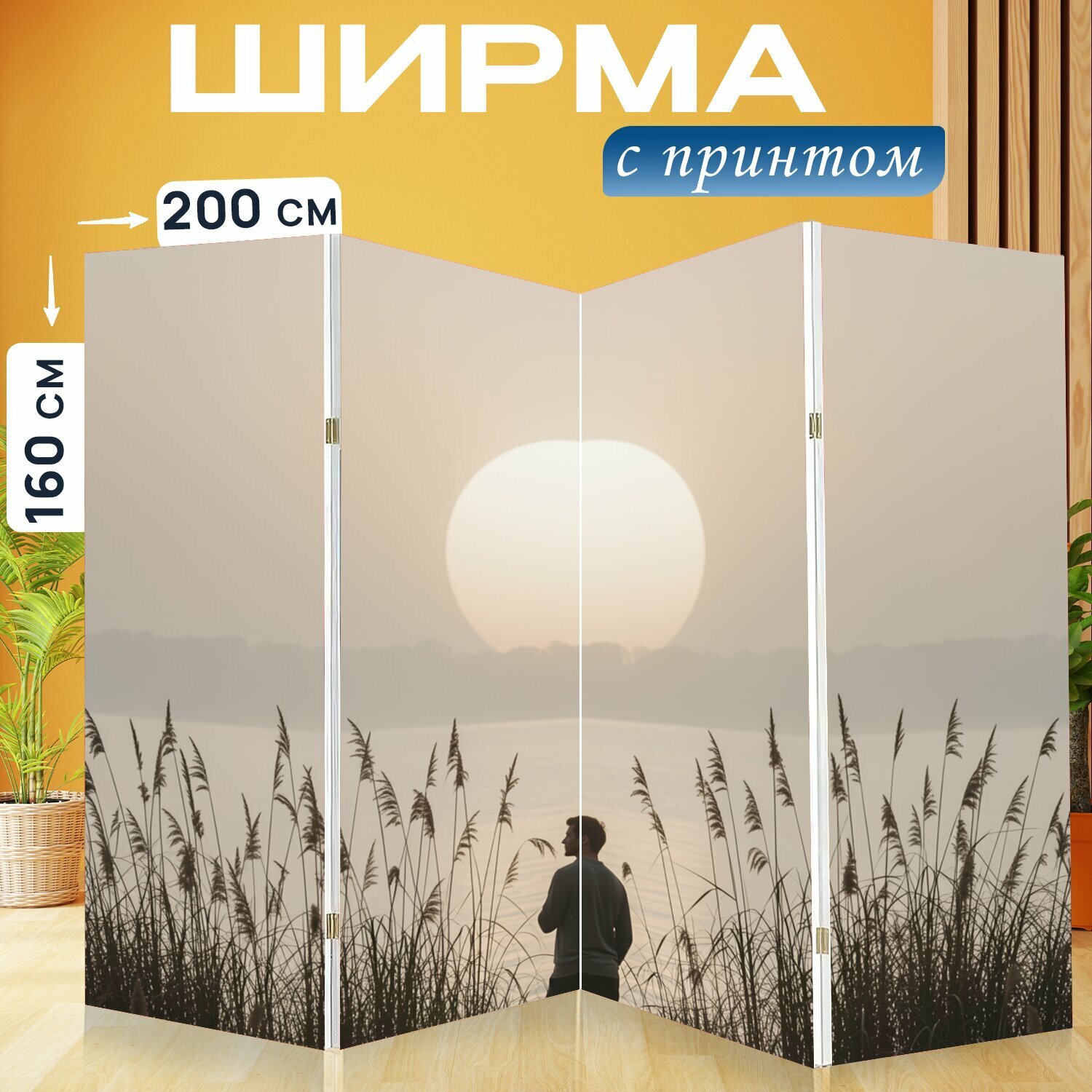 Ширма "Одинокий силуэт у озера на рассвете. Туманный берег с высоким камышом, спокойная водная гладь и." перегородка для зонирования комнаты с принтом 200x160 см. на холсте