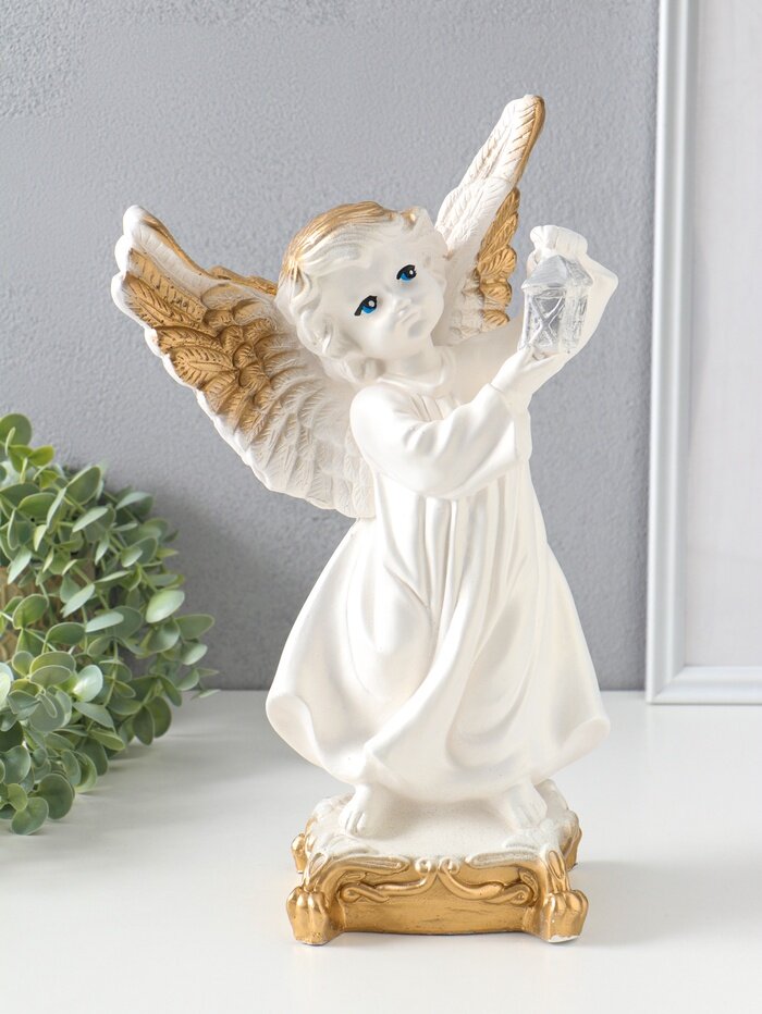 Фигура гипс «Ангел с фонарём», белый, 34×22×15 см