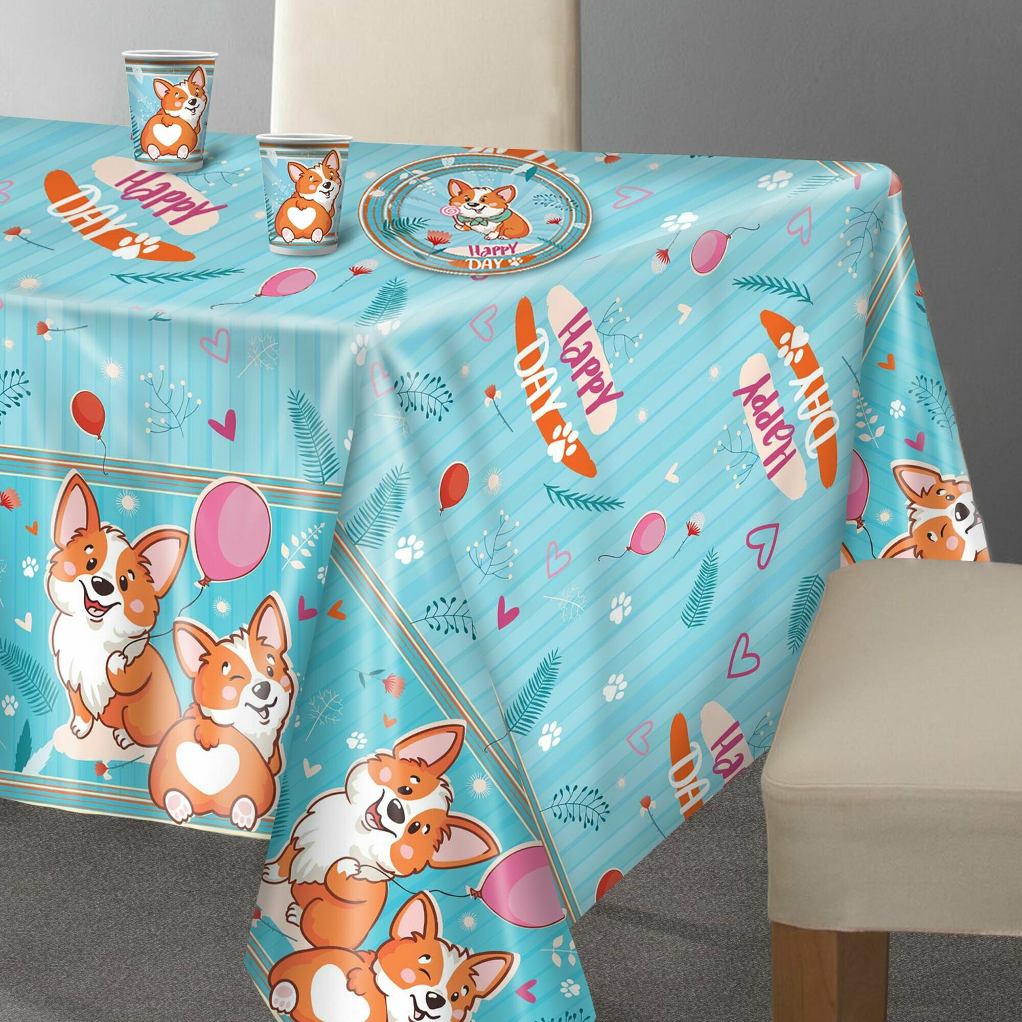 Набор бумажной одноразовой посуды для праздника со скатертью / Корги (стакан, тарелка 18 см, тарелка 23 см по 12 шт. + скатерть 120х180)