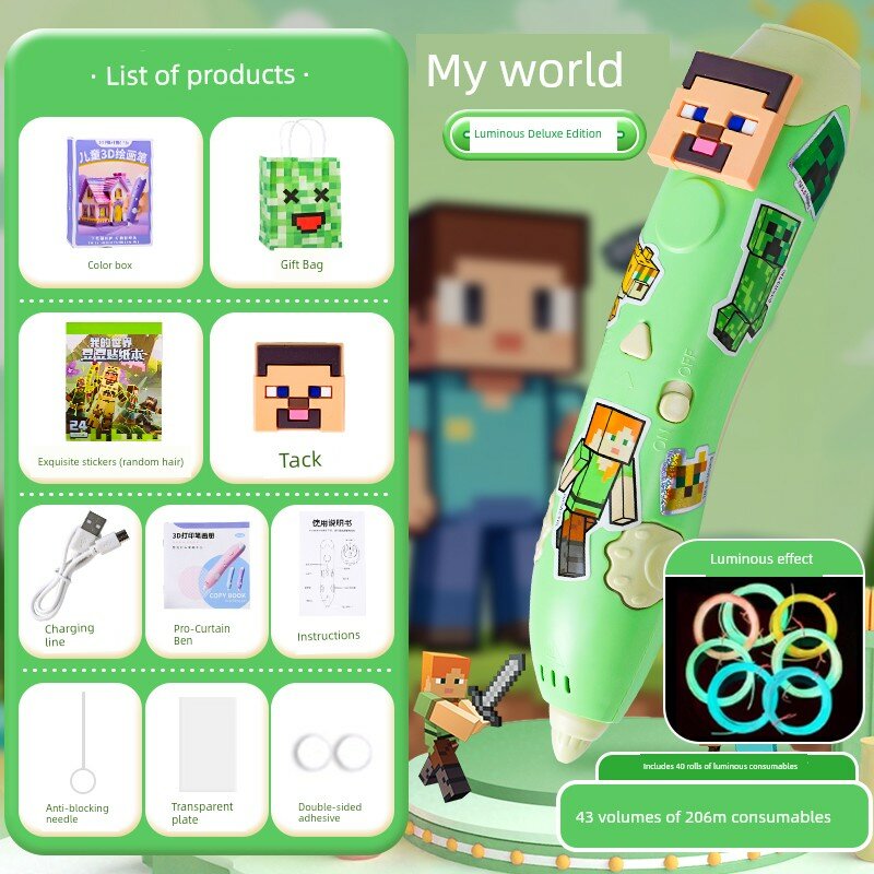 3D-ручка MineCraft для детей - роскошная версия с 6 м нити + 200 м ночной световой нити, подарочная упаковка, сумка и