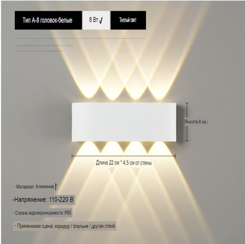 Наружный водонепроницаемый настенный светильник wall lamp outdoor balcony проход белый 22*8(8ламп)