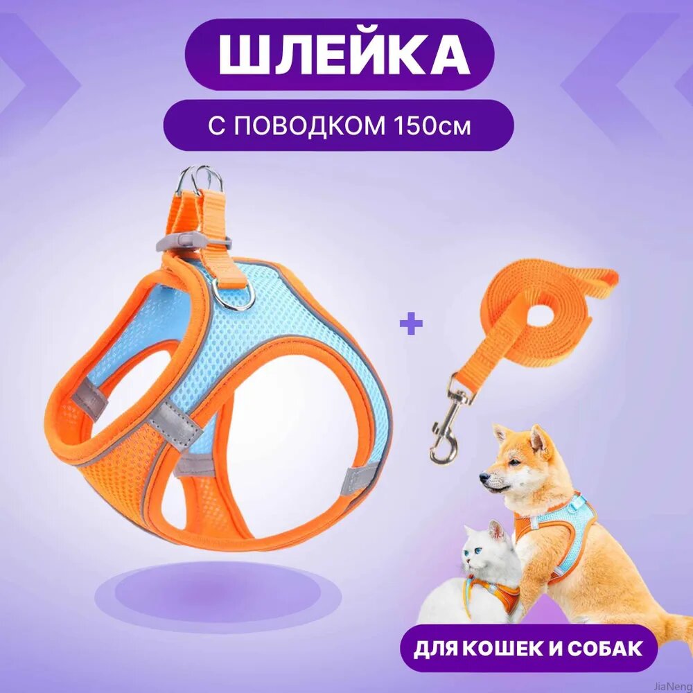 Шлейка с поводком 150см для кошек и собак, оранжевая, размер XS