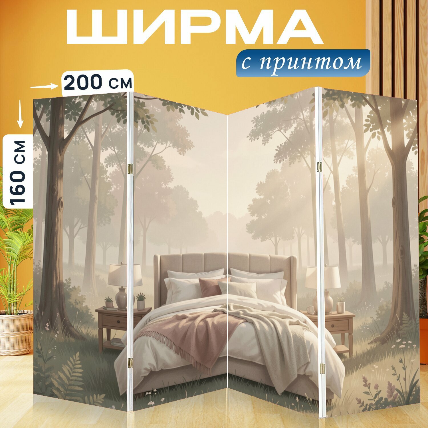 Ширма "Кровать в лесном тумане. Уютная спальня на фоне сказочного леса с высокими деревьями и мягким." перегородка для зонирования комнаты с принтом 200x160 см. на холсте