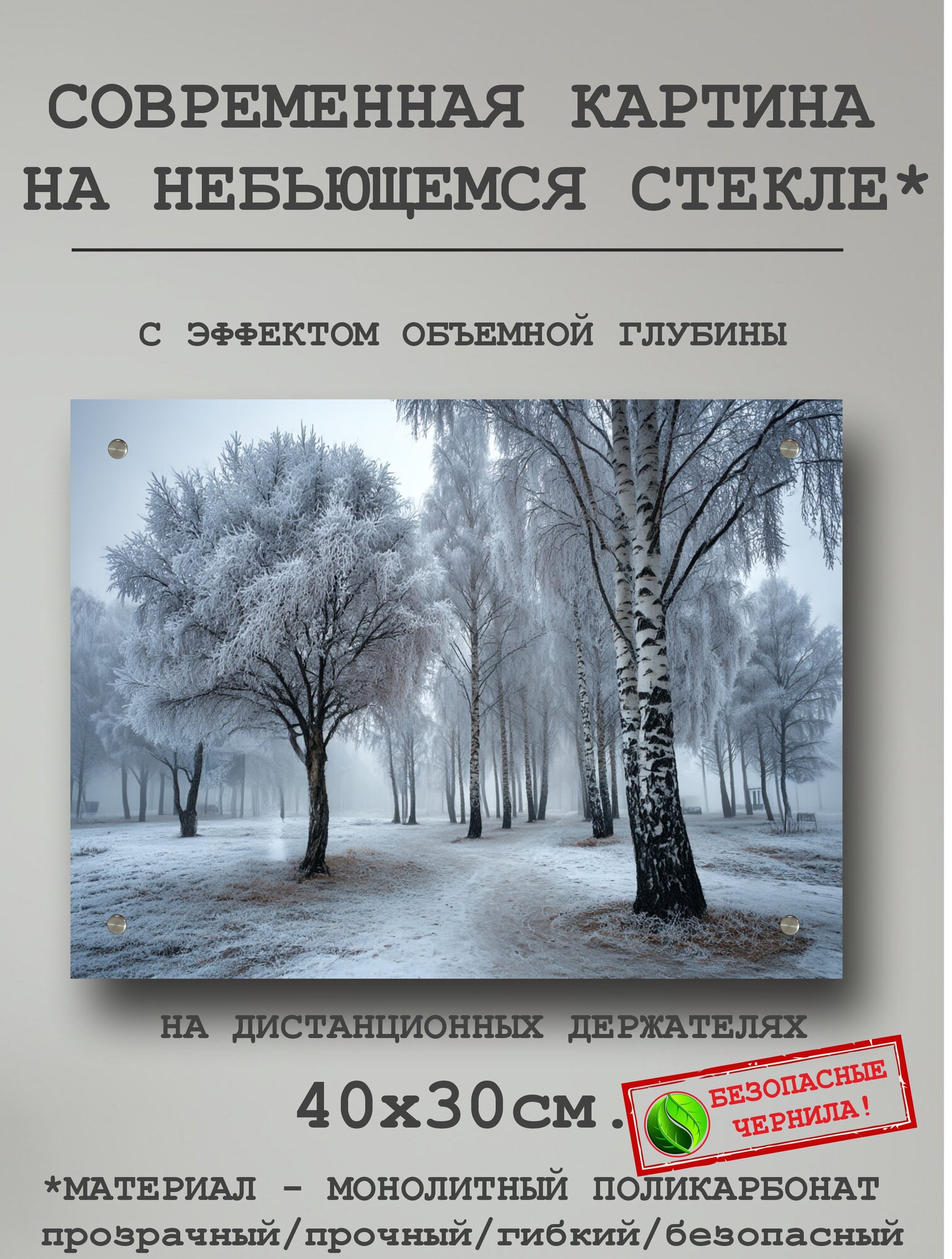 Современная картина на небьющемся стекле 40x30 см Зимний лес . Парящие крепления на дистанционных держателях.
