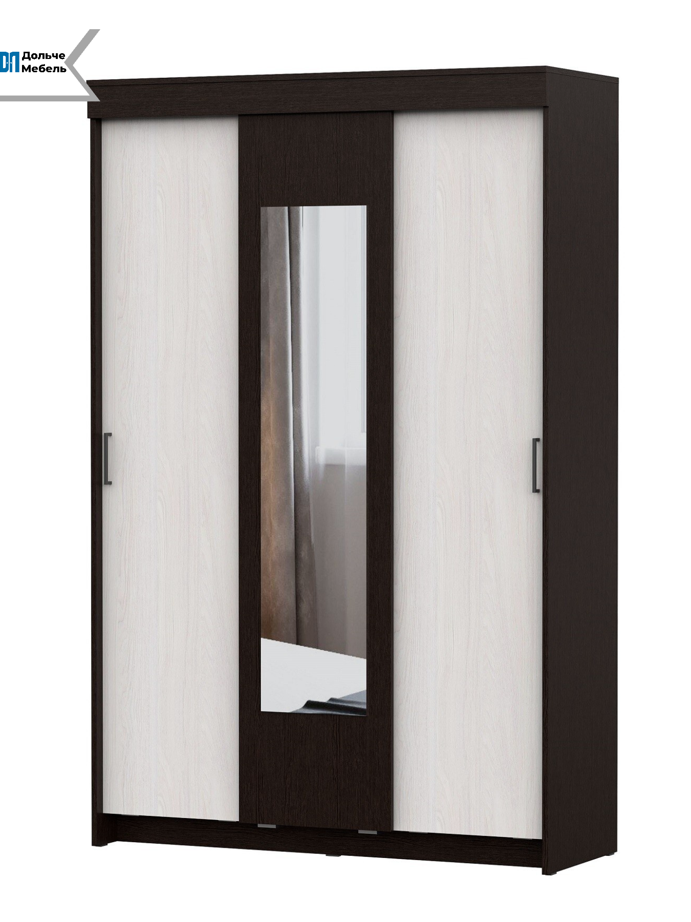 Шкаф-купе ШКП 2 с зеркалом, 130 см, венге / ясень анкор светлый, трехдверный со штангой и полками в спальню и прихожую