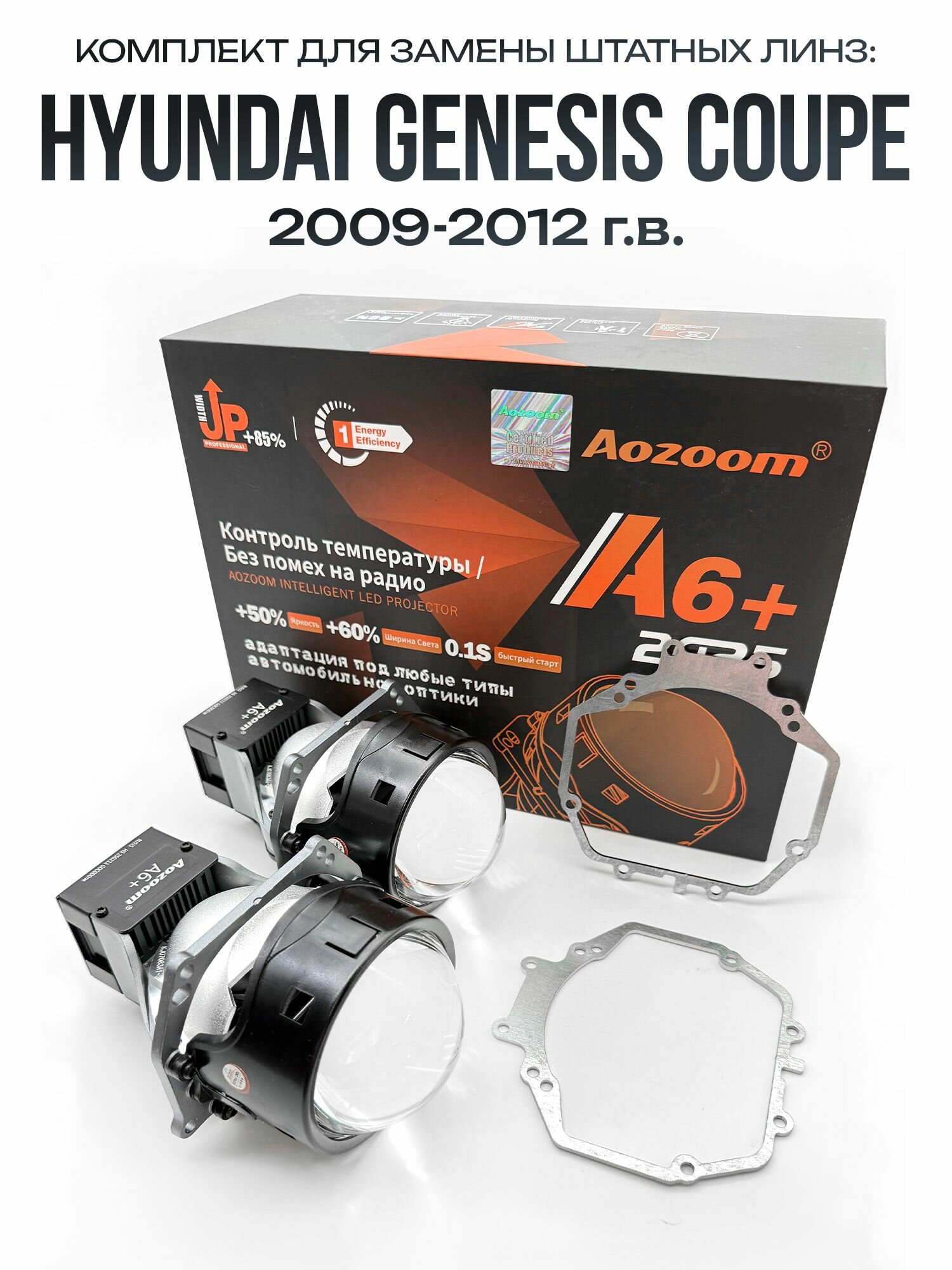 Светодиодные билед модули Аозум А6+ 2025 на Hyundai Genesis Coupe 2009-2012 / Линзы bi-led A6+ для Хендай Генезис Купе