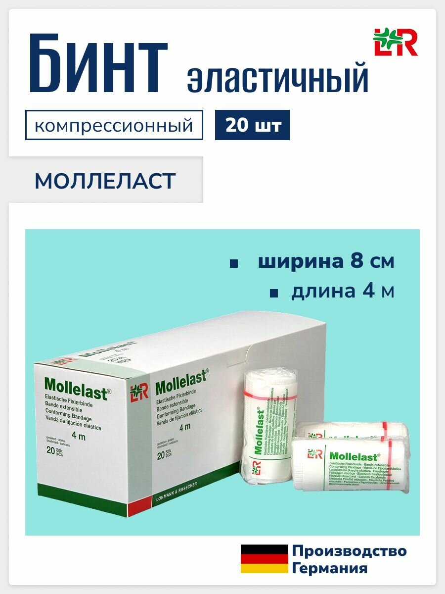 Бинт эластичный компрессионный Mollelast / Моллеласт, фиксирующий, когезивный (самофиксирующийся) для фиксации повязок и спортивных травм 8 см х 4 м - 20 шт