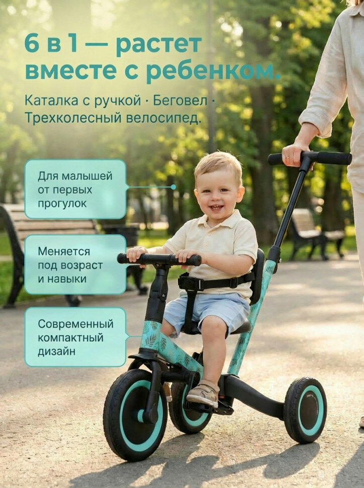 Детский беговел-велосипед 6в1 с родительской ручкой, зеленый с рисунком - TR008-CYAN-PAINT