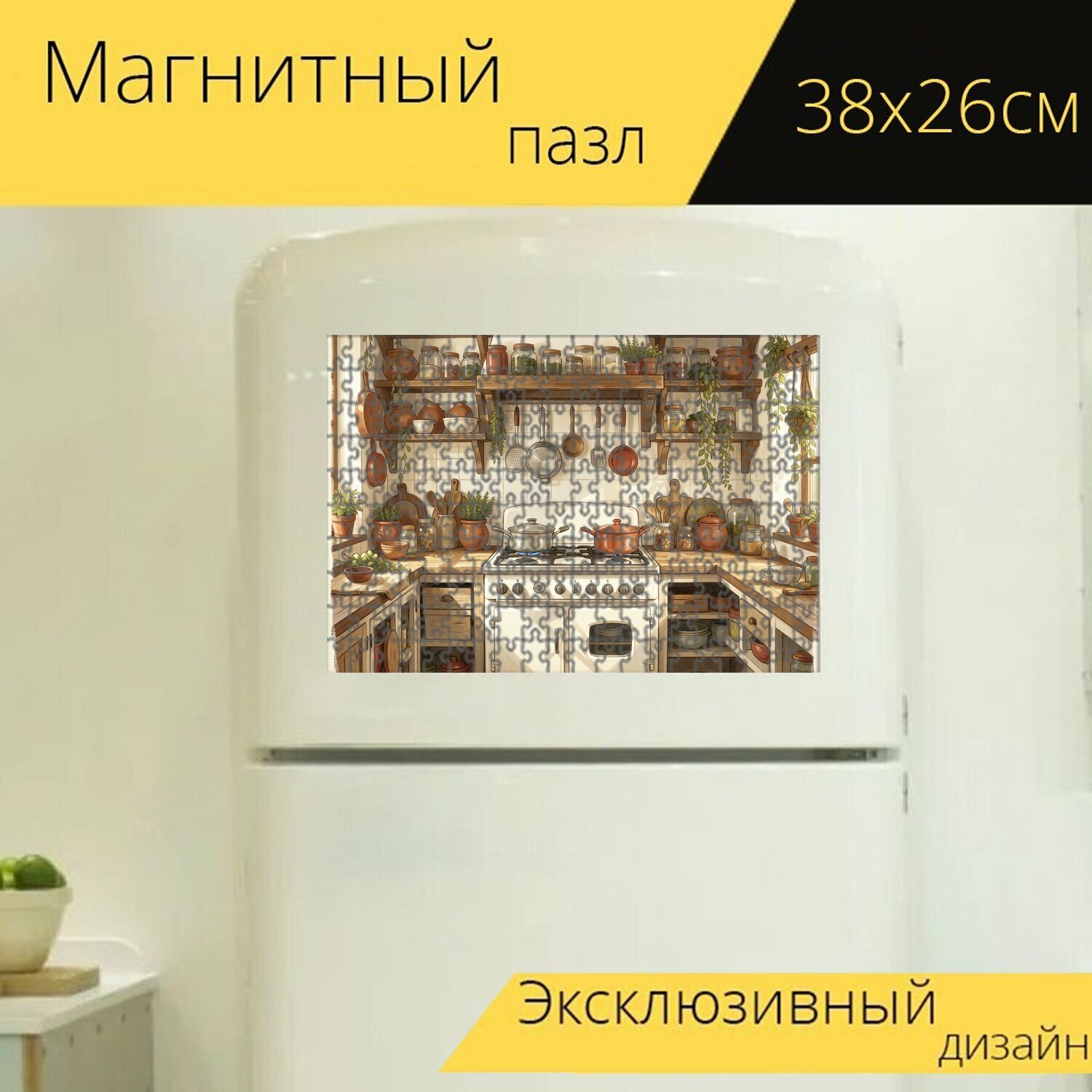 Магнитный пазл "Уютная кухня с травами и посудой. Светлая деревенская кухонная сцена в теплых бежевых и терракотовых тонах: плита, кастрюли, баночки со." для интерьера, 38х26 см.