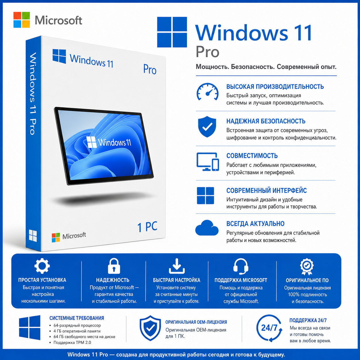 Microsoft Windows 11 Professional (Pro) Retail Электронный ключ активации x32/x64 Бессрочная лицензия