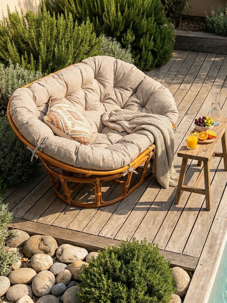 Садовый диван TetChair, натуральный ротанг, с подушкой, цвет пекан орех, ткань рогожка, меланж