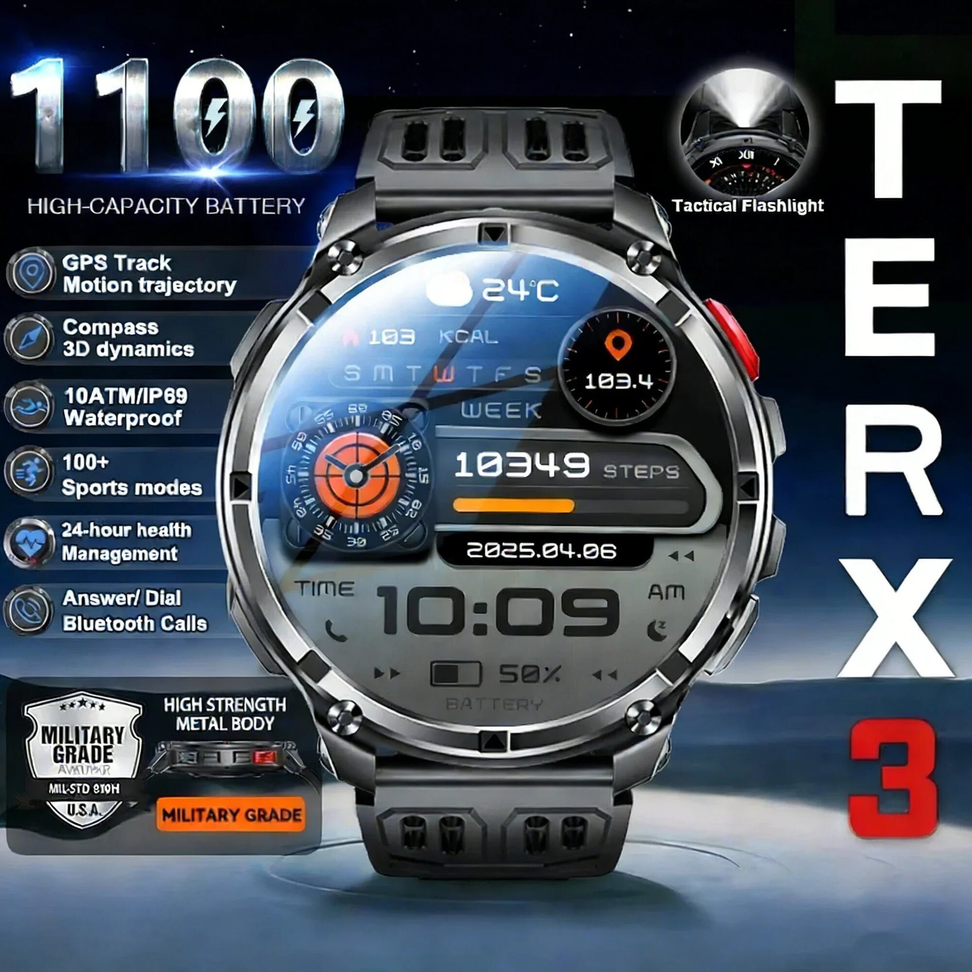 T-Rex3 Pro Military Умные часы, черный ремешок