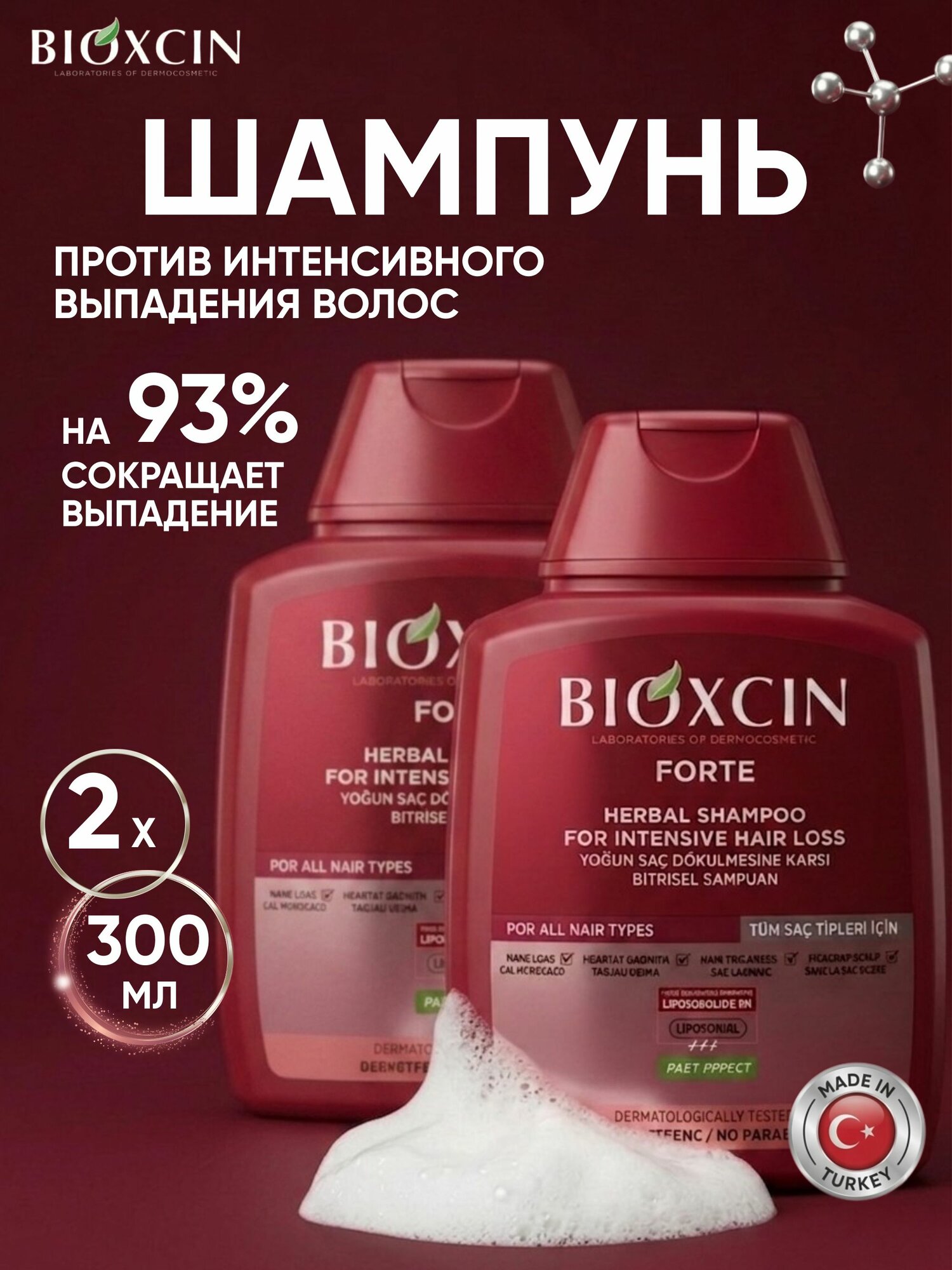 BIOXCIN Шампунь против интенсивного выпадения волос, активатор роста волос, Биоксин Форте, Bioxcin Forte, 2 шт по 300 мл