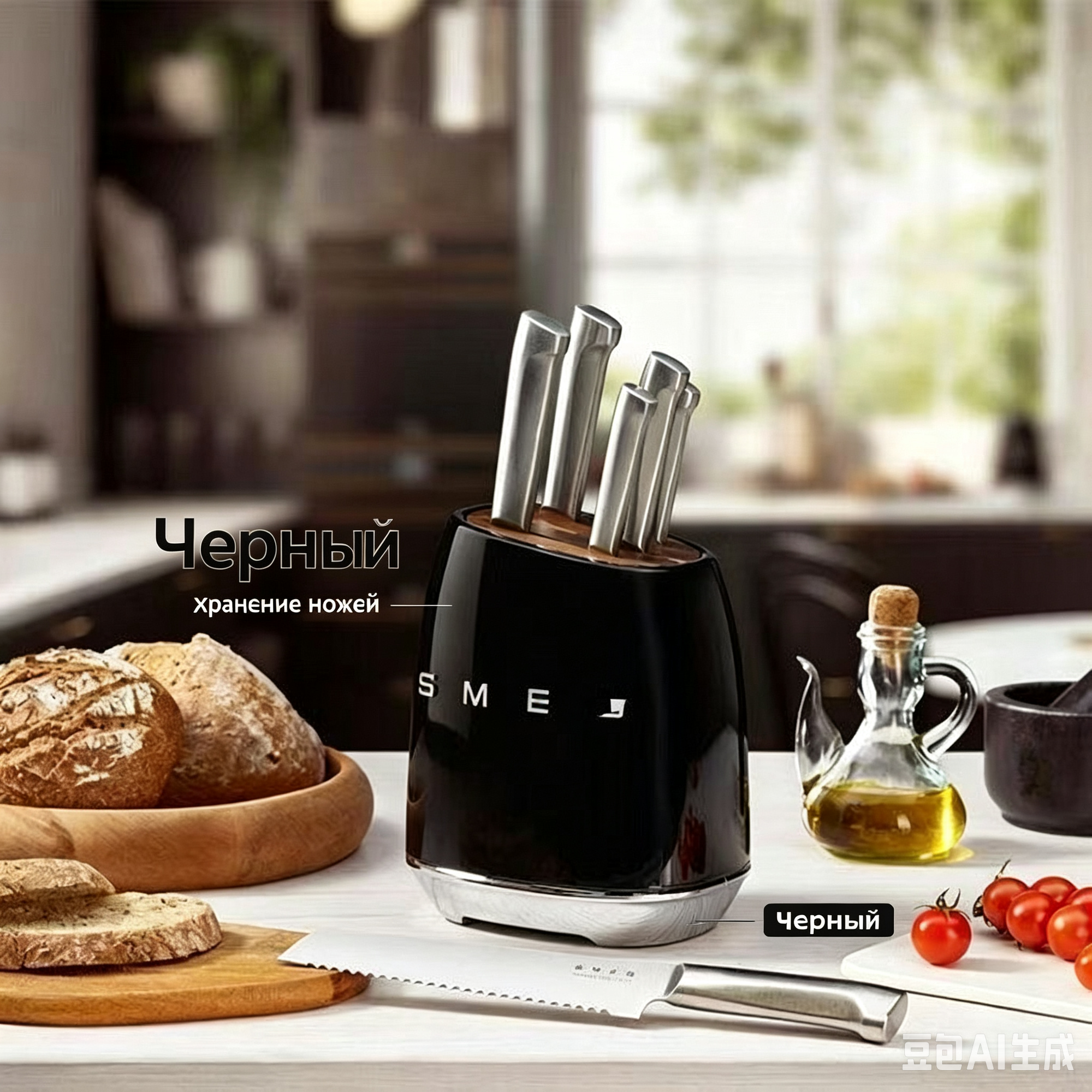 Красивый и прочный набор кухонных ножей Smeg 7‑в‑1, острый и практичный, черный