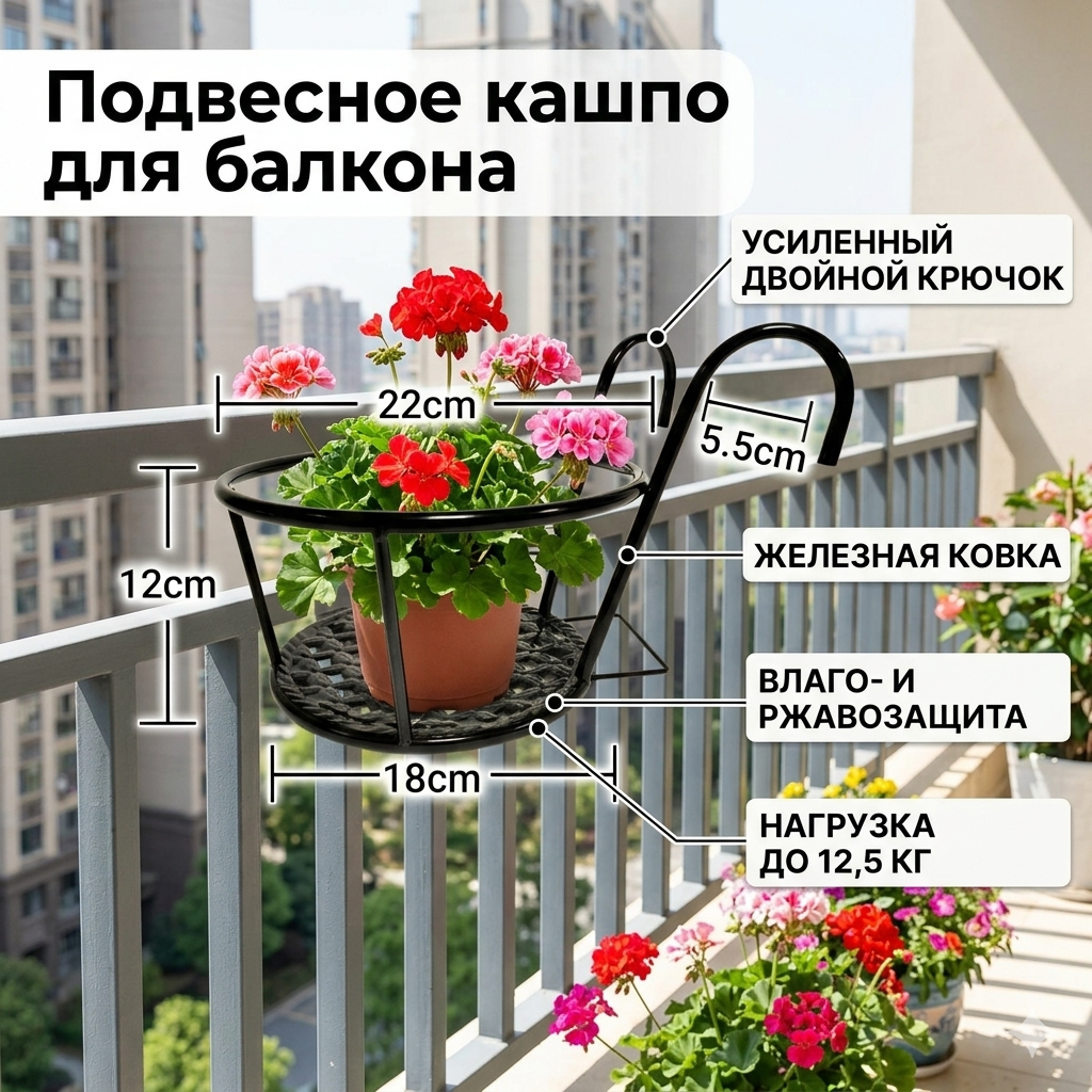 Подвесной металлический держатель для кашпо на балкон, черная кованая подставка для цветов на перила, до 12.5 кг