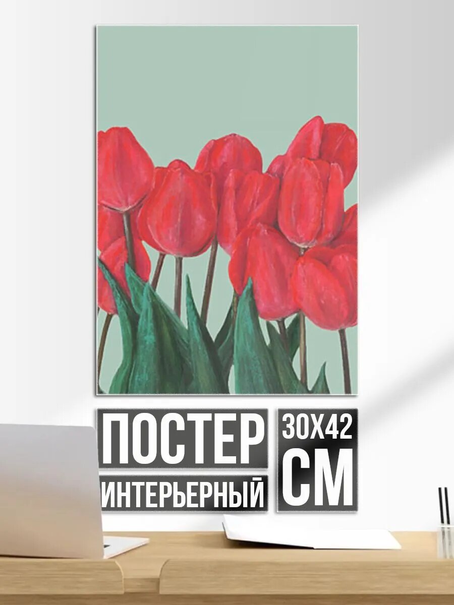 Постер на стену Красные тюльпаны на зелёном фоне
