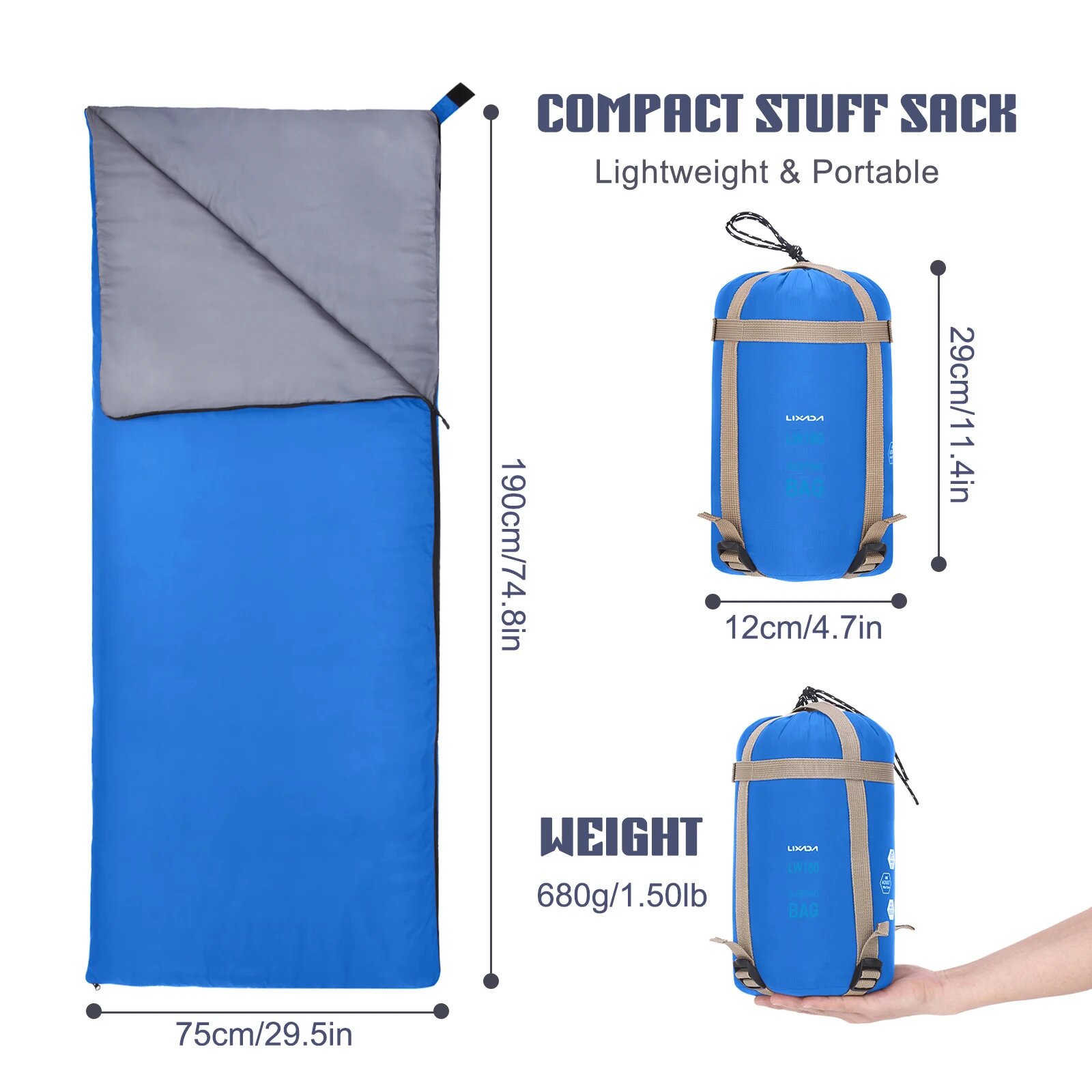 Спальный мешок Lixada 3 сезона хлопковый 75x190 см Синий, Blue